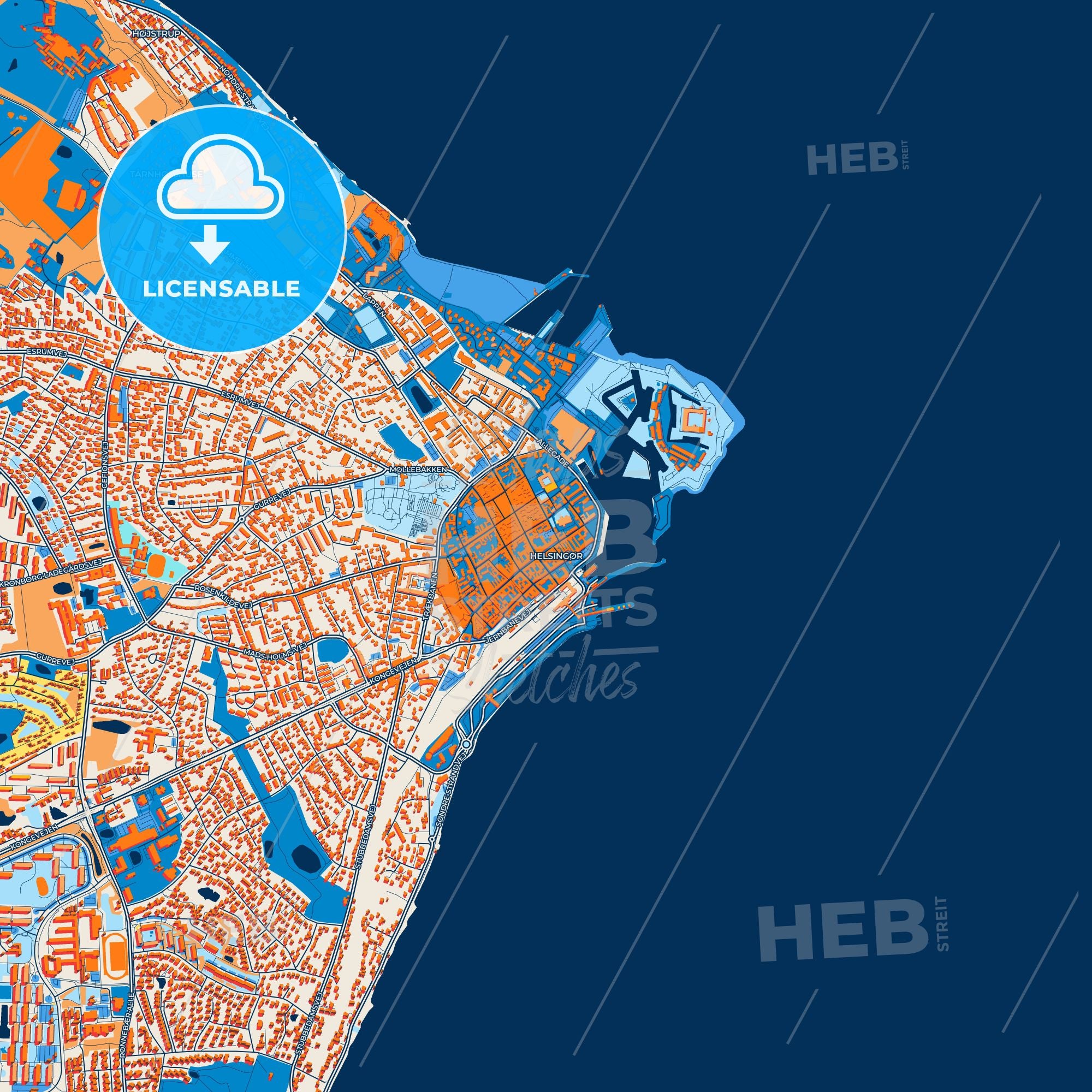 Colorful Helsingør Street Map With Labels And Buildings – HEBSTREITS
