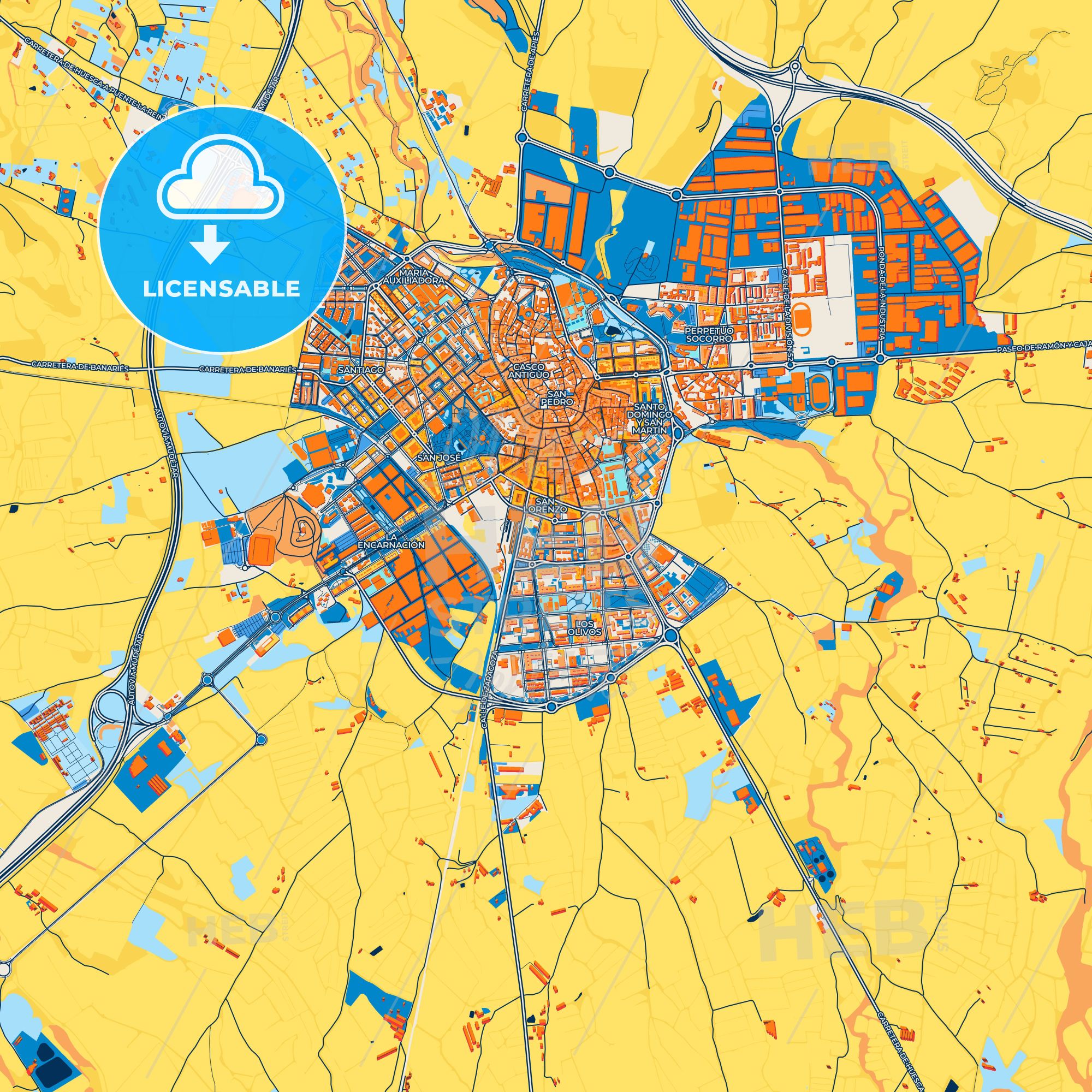 Colorful Huesca Street Map With Labels And Buildings – HEBSTREITS