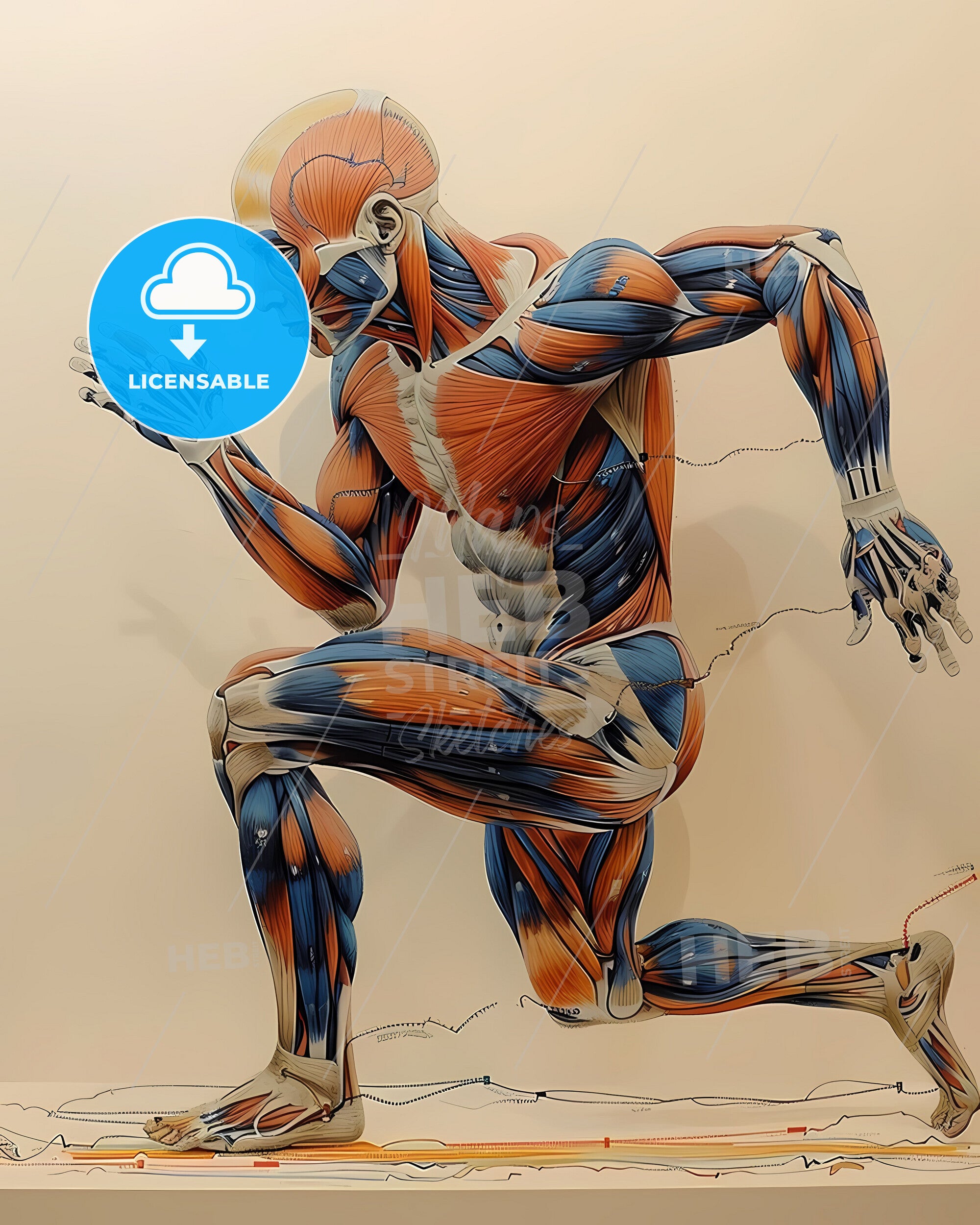 Human Full Body Running Musculature Anatomy Art: Hand-Drawn Painting ...
