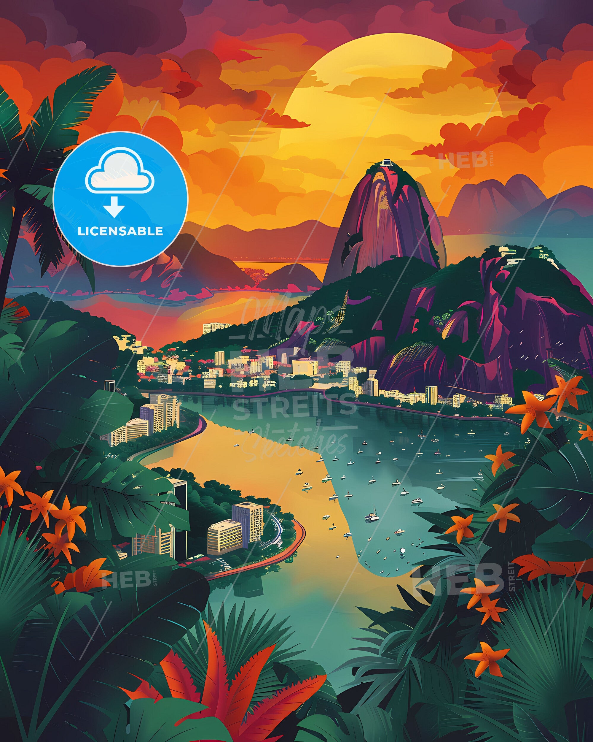 Vibrant Artistic Cityscape Of Rio De Janeiro With Palm Trees ...