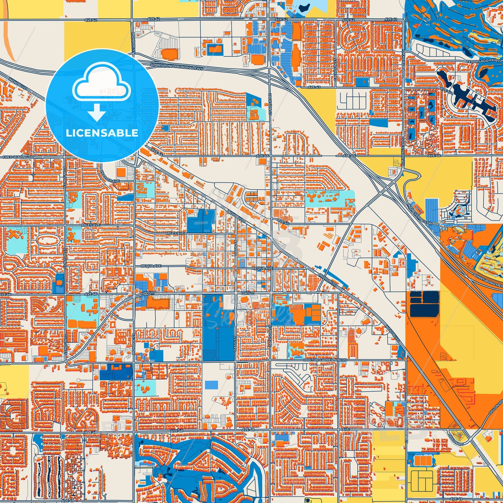 Colorful Indio Street Map With Labels And Buildings – HEBSTREITS