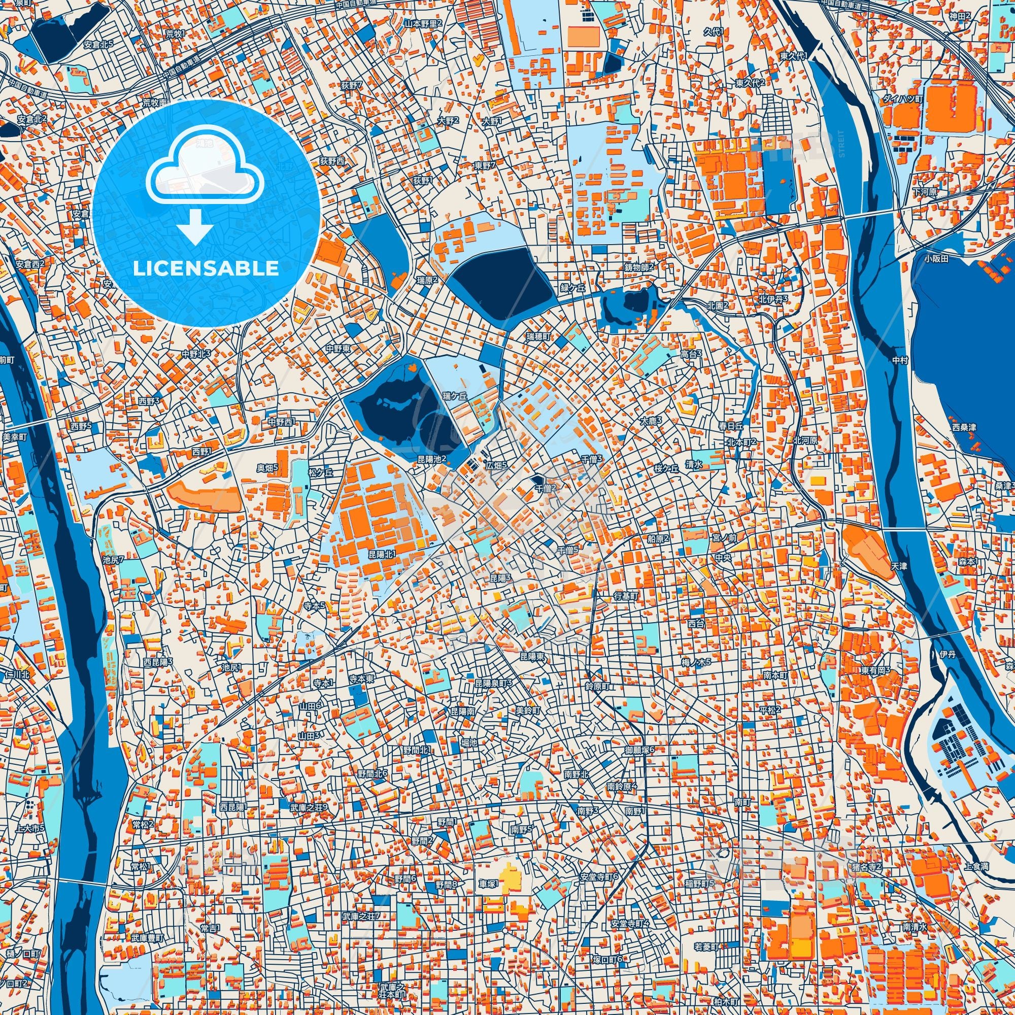 Colorful Itami Street Map With Labels And Buildings – HEBSTREITS