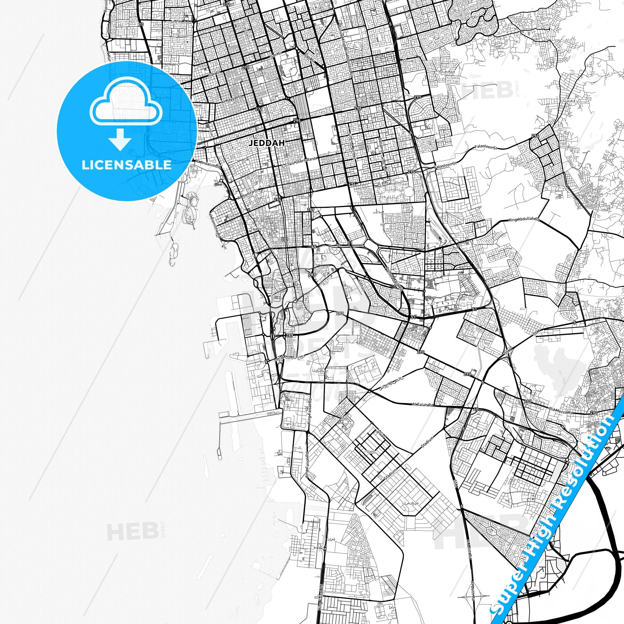 Jeddah, Saudi Arabia Light Map With Street Names, City Names, And ...