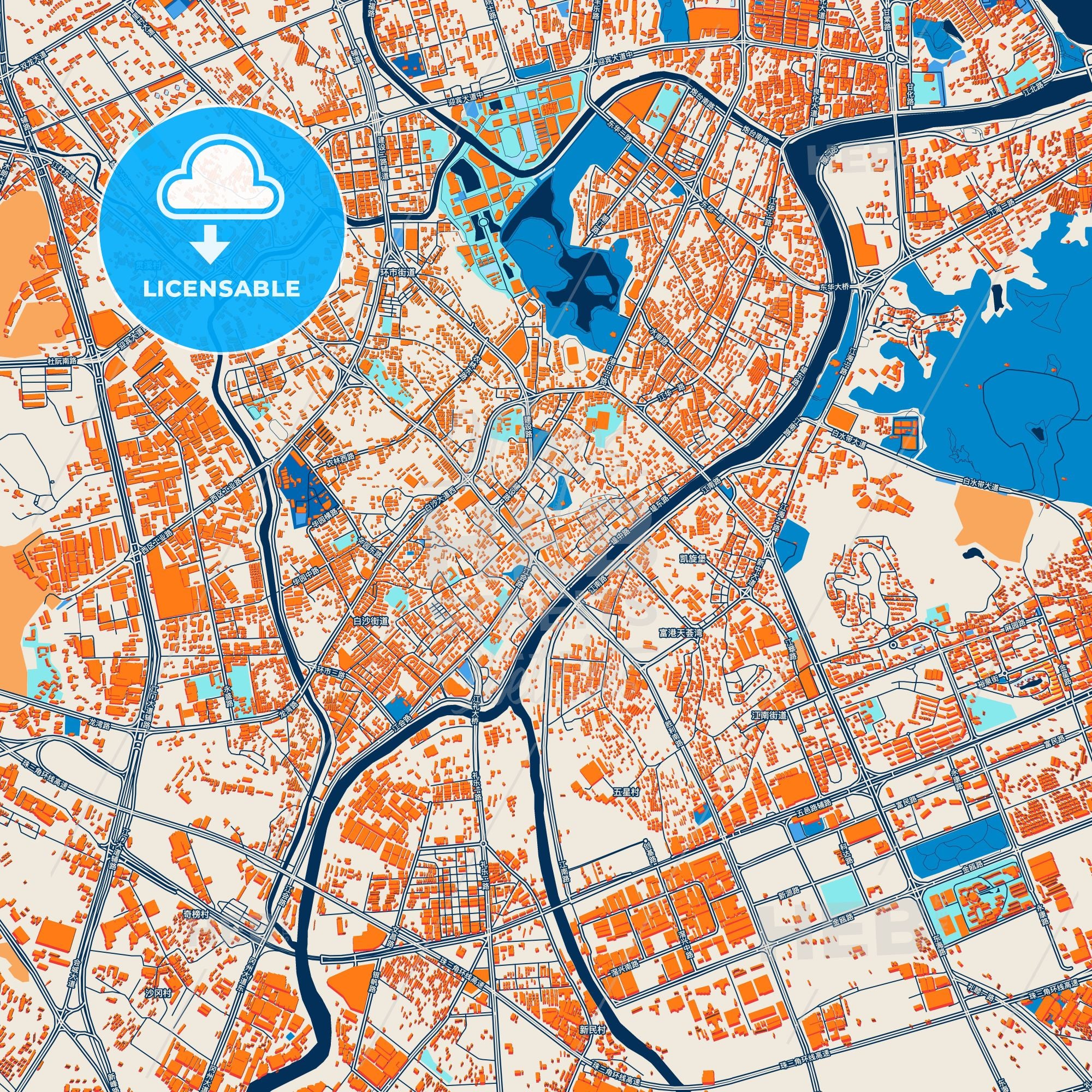 Colorful Jiangmen Street Map With Labels And Buildings – HEBSTREITS