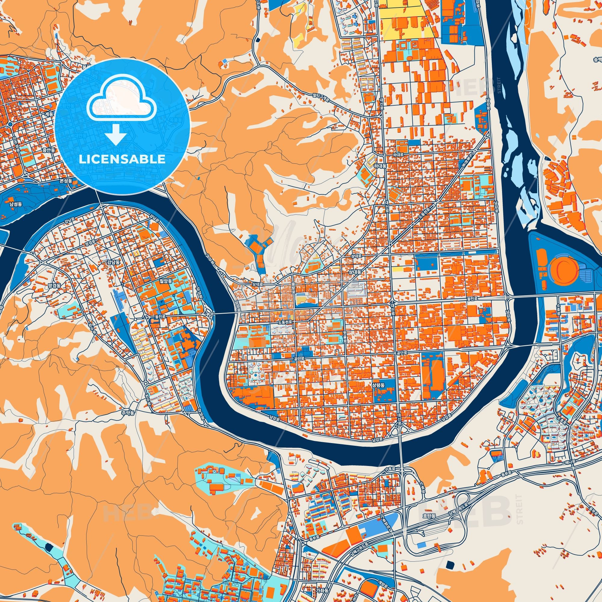 Colorful Jinju Street Map With Labels And Buildings – HEBSTREITS