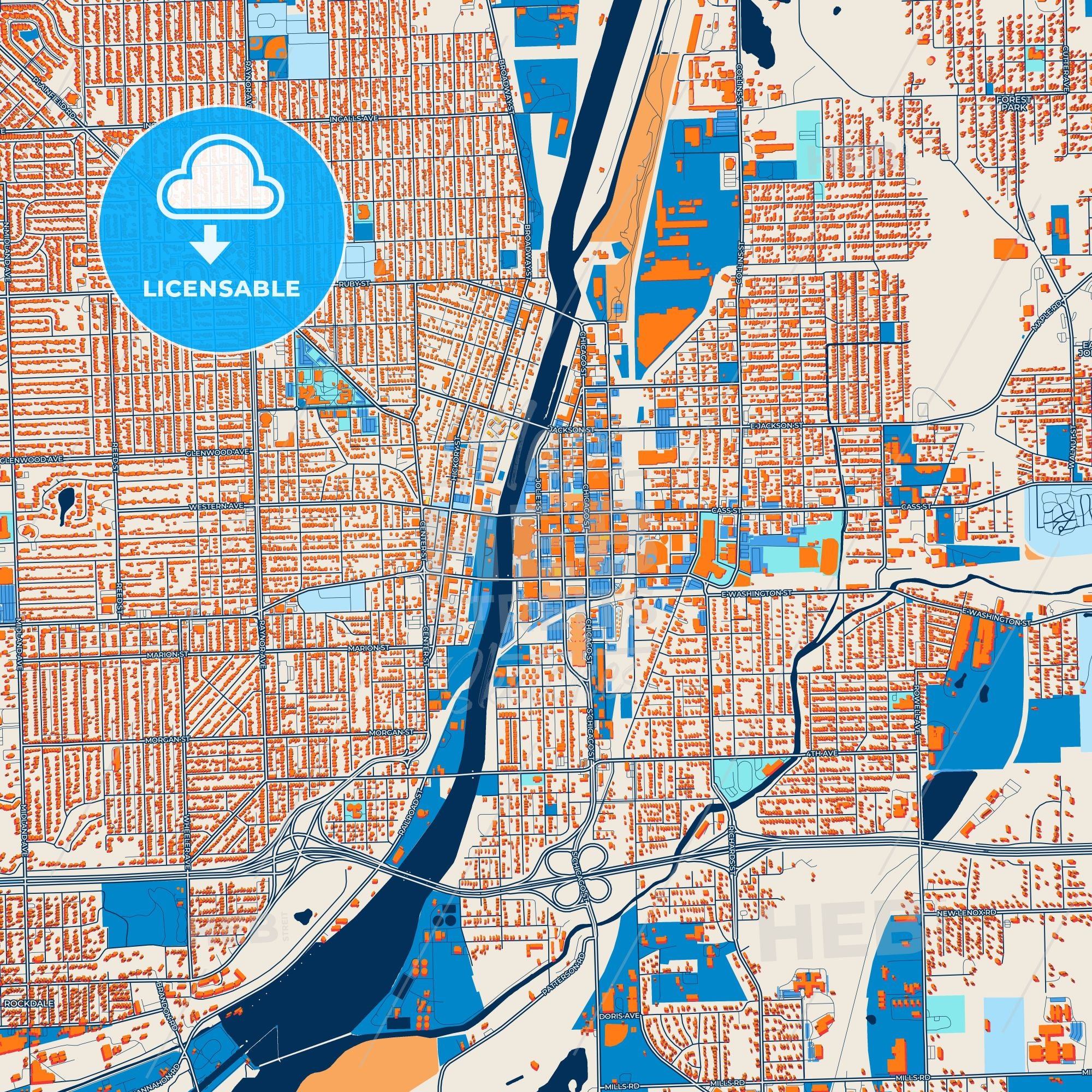 Colorful Joliet Street Map With Labels And Buildings – HEBSTREITS