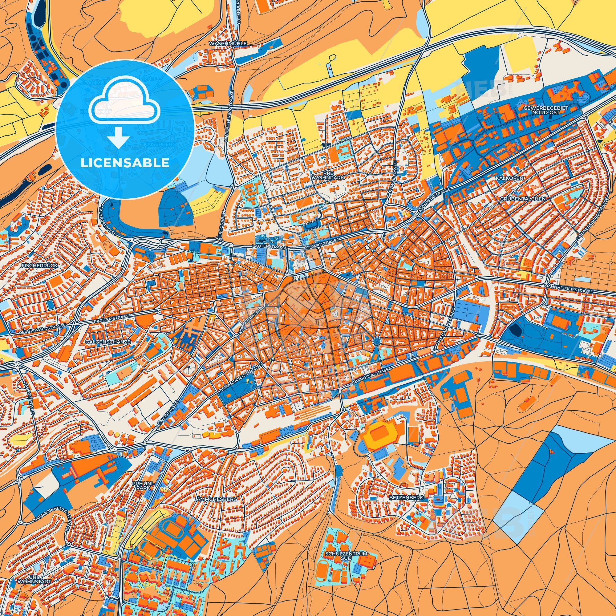 Colorful Kaiserslautern Street Map - Digital Download – HEBSTREITS