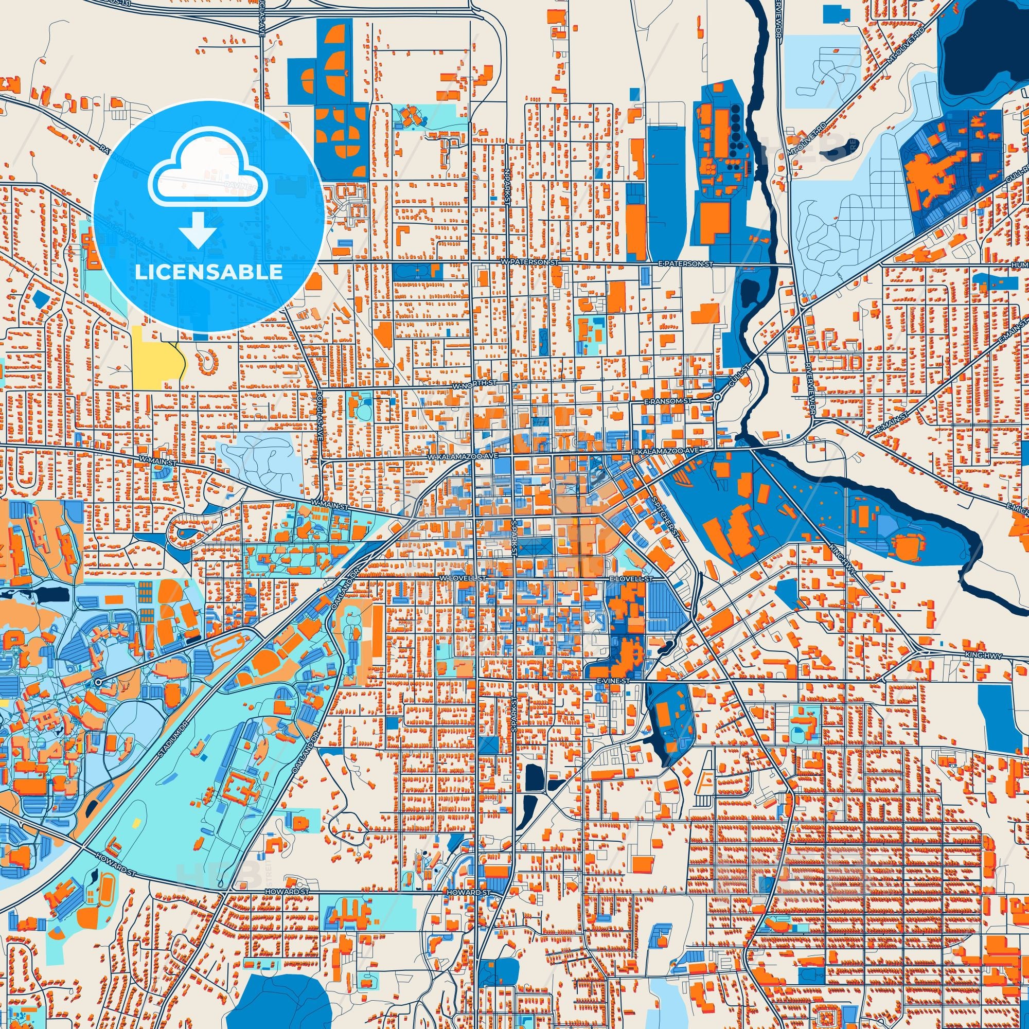 Colorful Kalamazoo Street Map With Labels And Buildings – HEBSTREITS