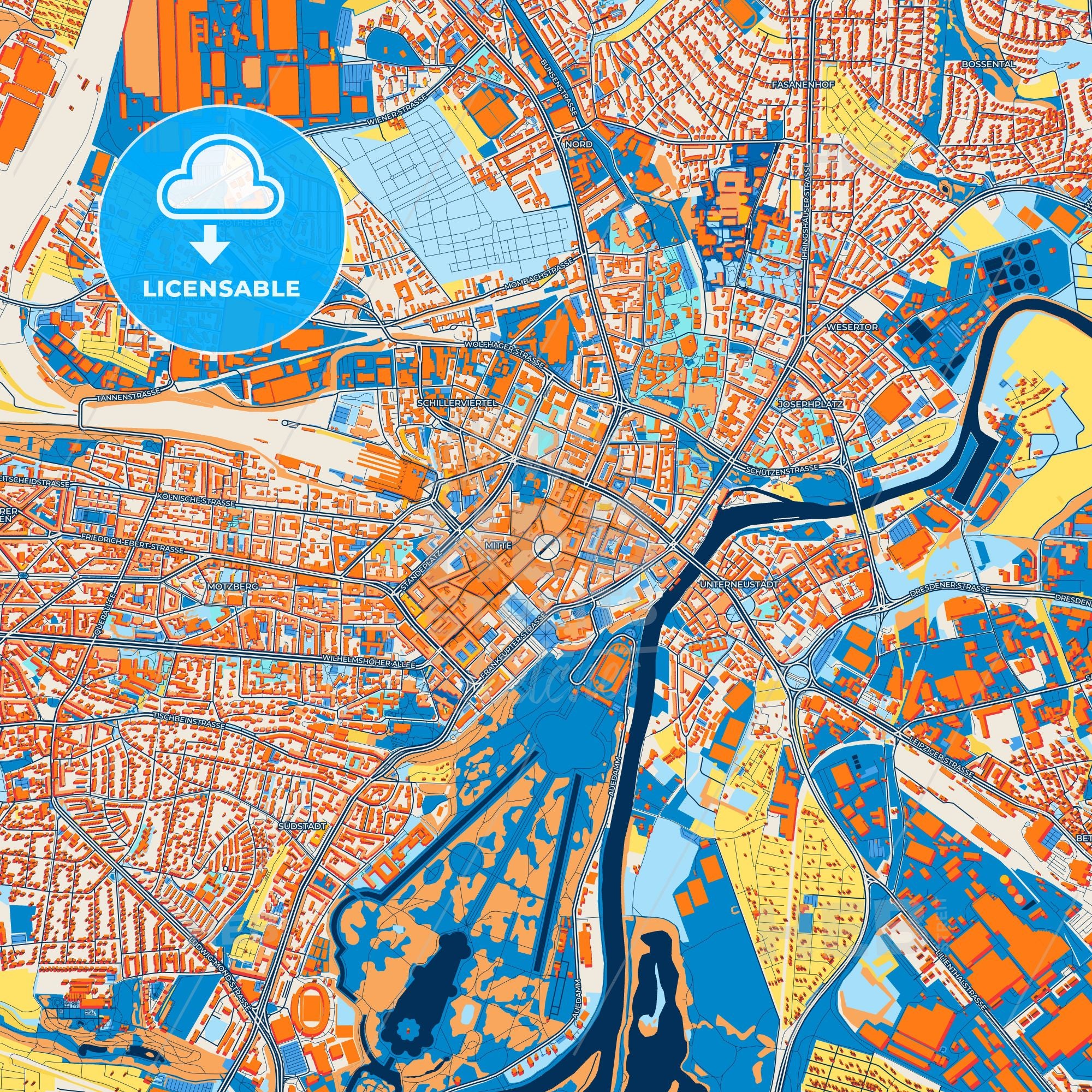 Colorful Kassel Street Map With Labels And Buildings – HEBSTREITS
