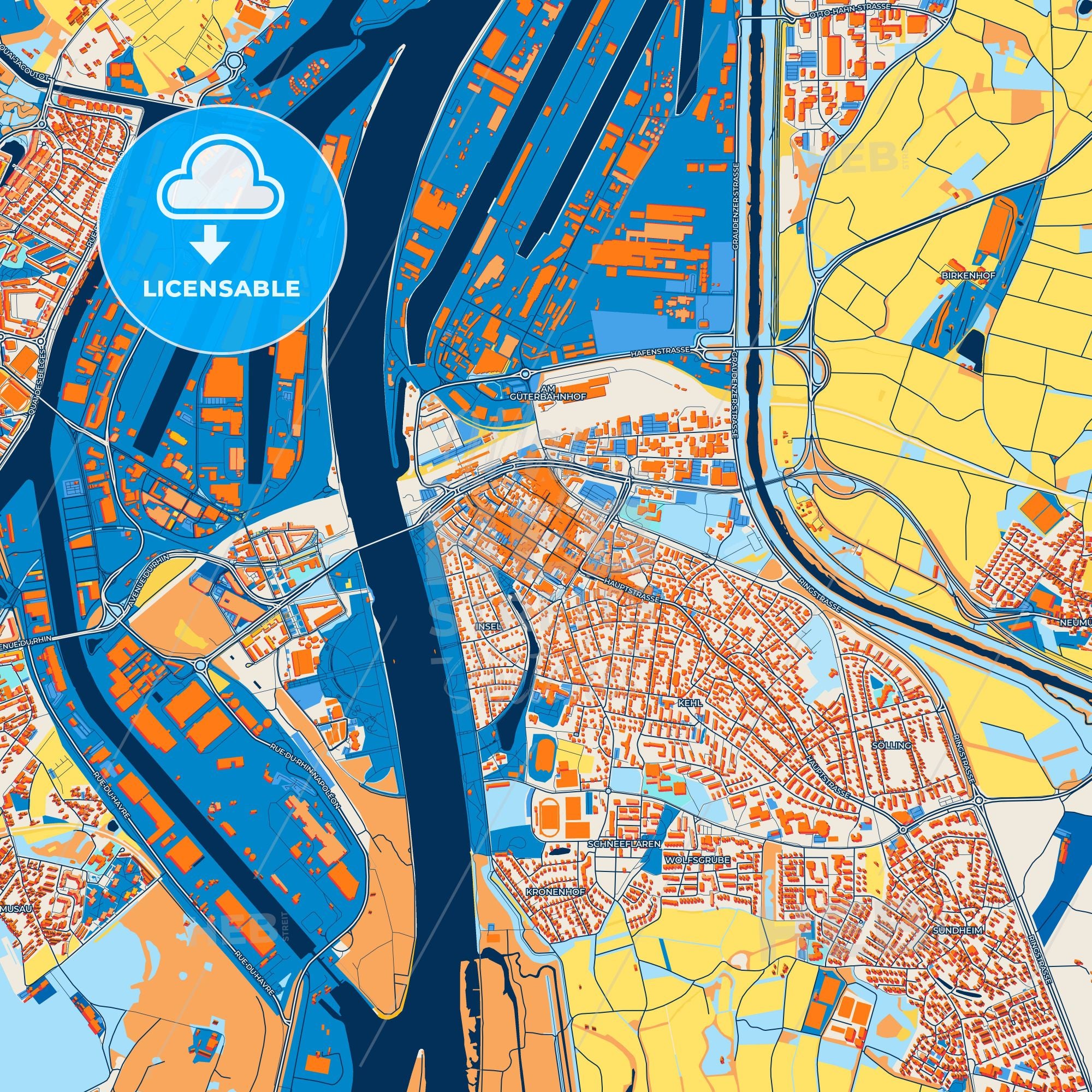 Colorful Kehl Street Map With Labels And Buildings – HEBSTREITS
