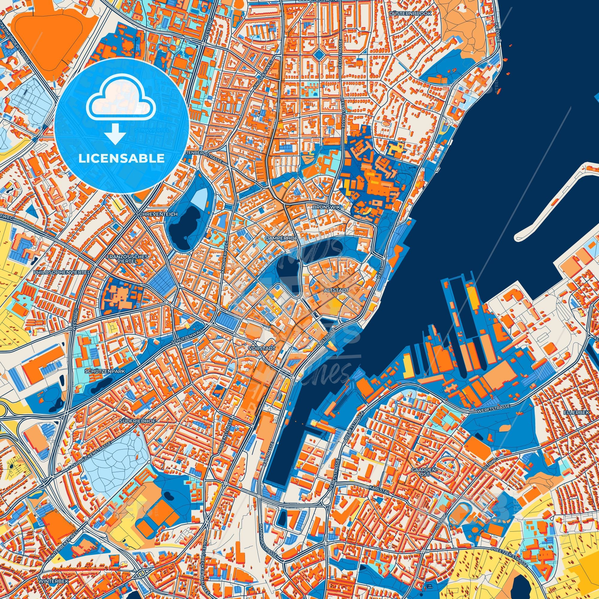 Colorful Kiel Street Map With Labels And Buildings – HEBSTREITS