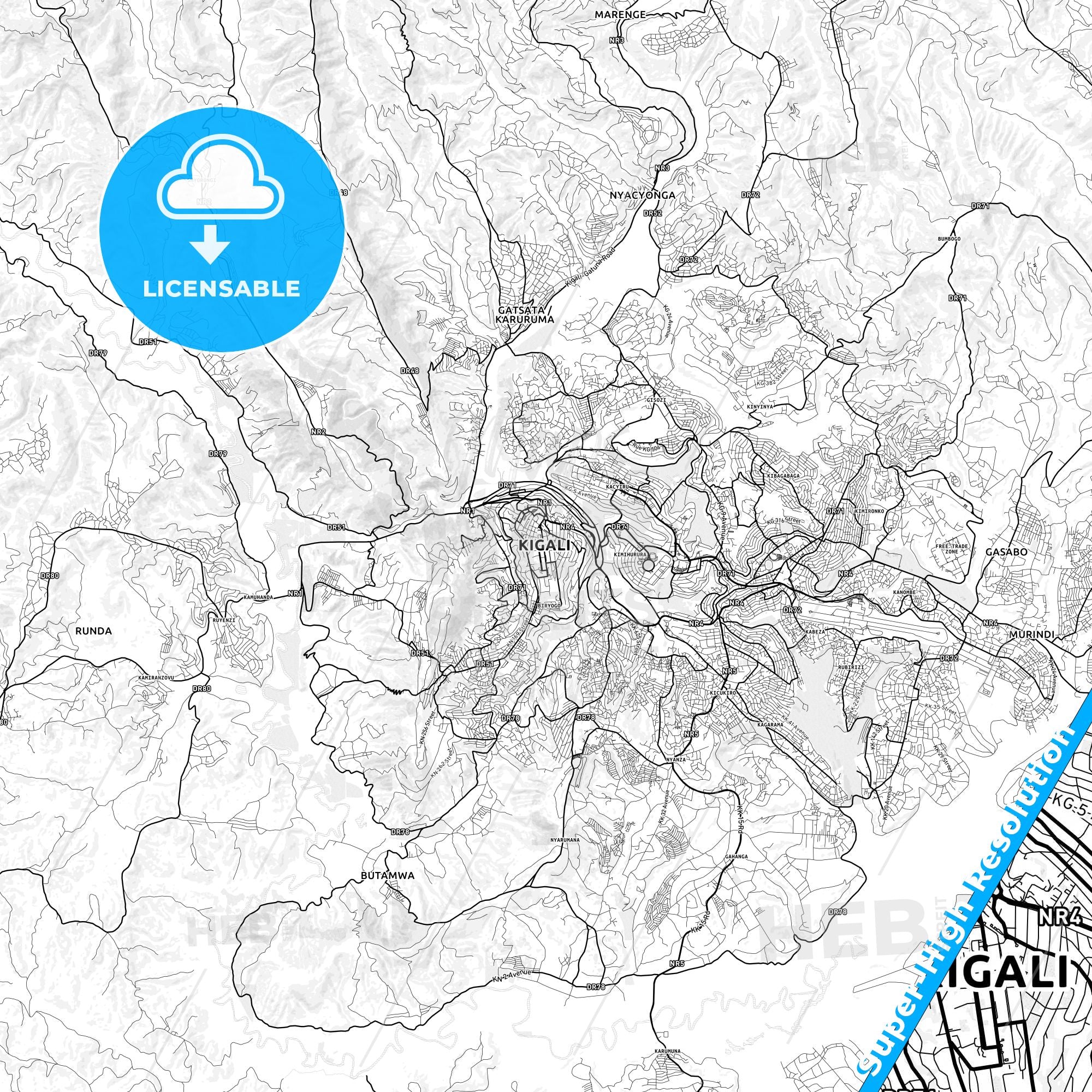 Kigali, Rwanda light map with streetnames, citynames and districts ...