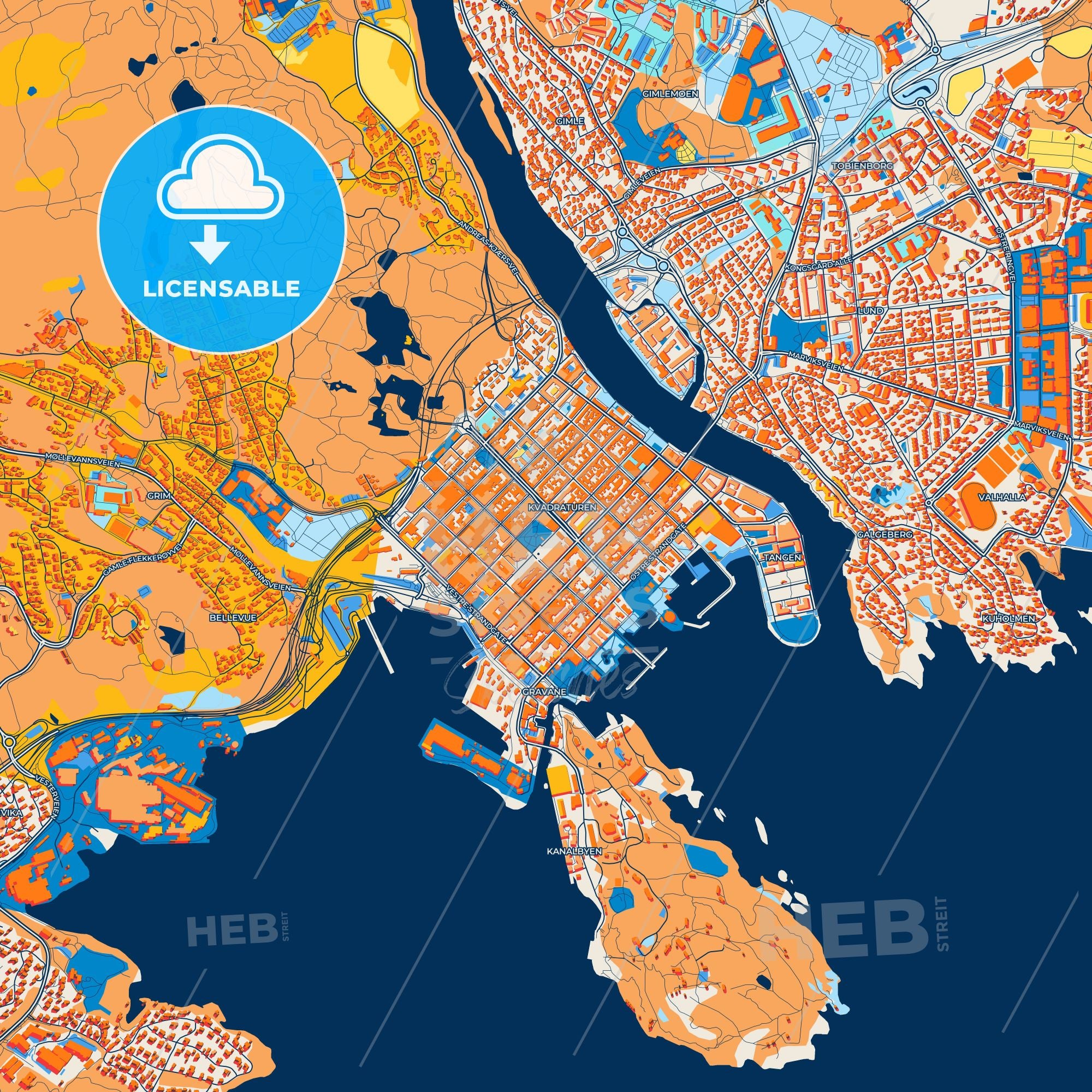 Colorful Kristiansand Street Map With Labels And Buildings – HEBSTREITS