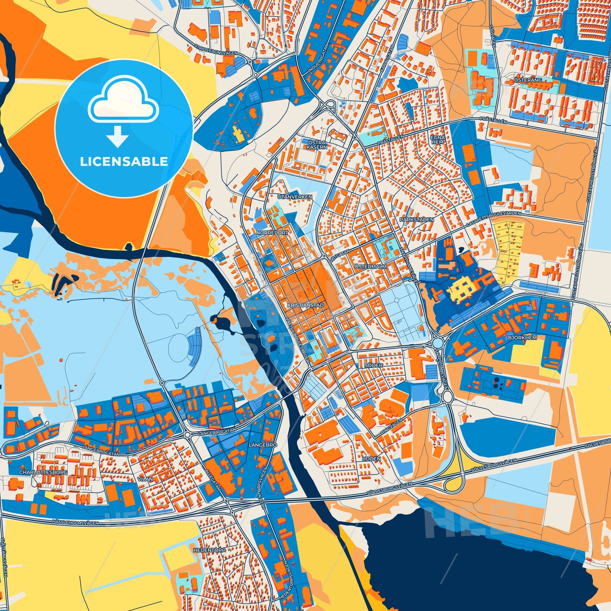Colorful Kristianstad Street Map With Labels And Buildings – HEBSTREITS