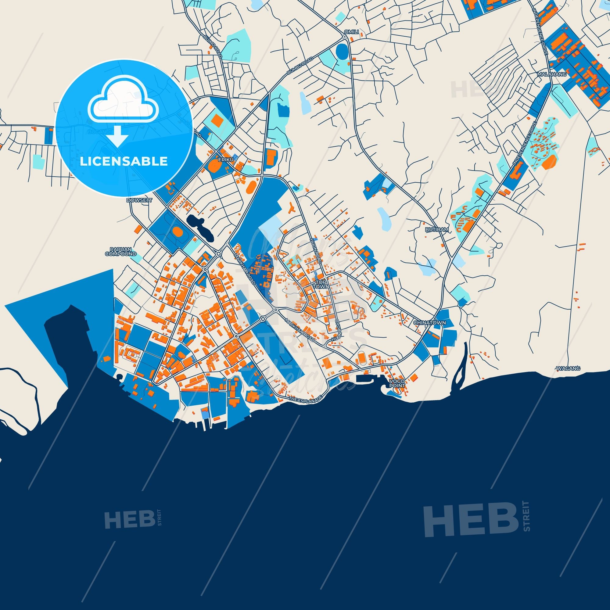 Colorful Lae Street Map With Labels And Buildings – HEBSTREITS