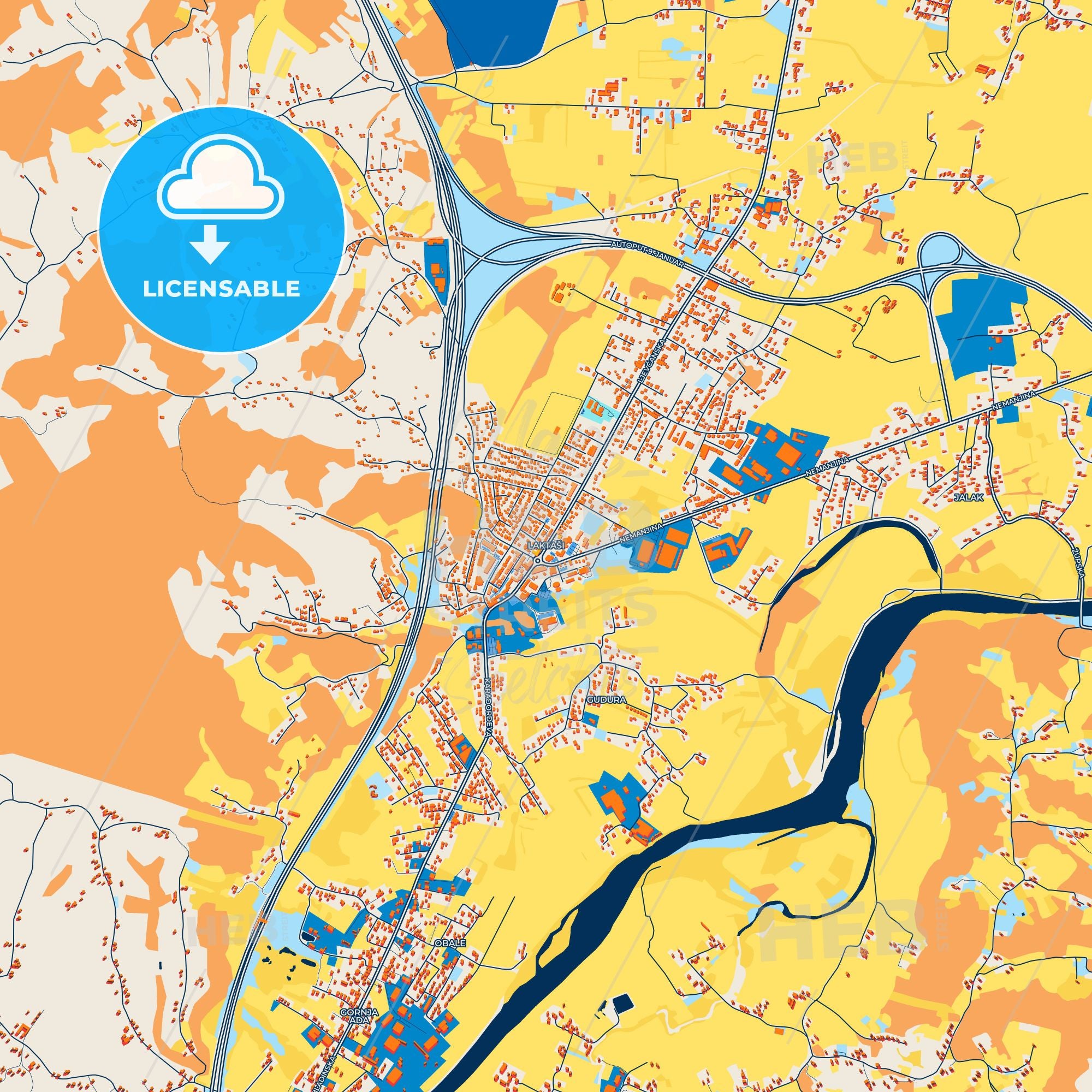 Colorful Laktaši Street Map With Labels And Buildings – HEBSTREITS