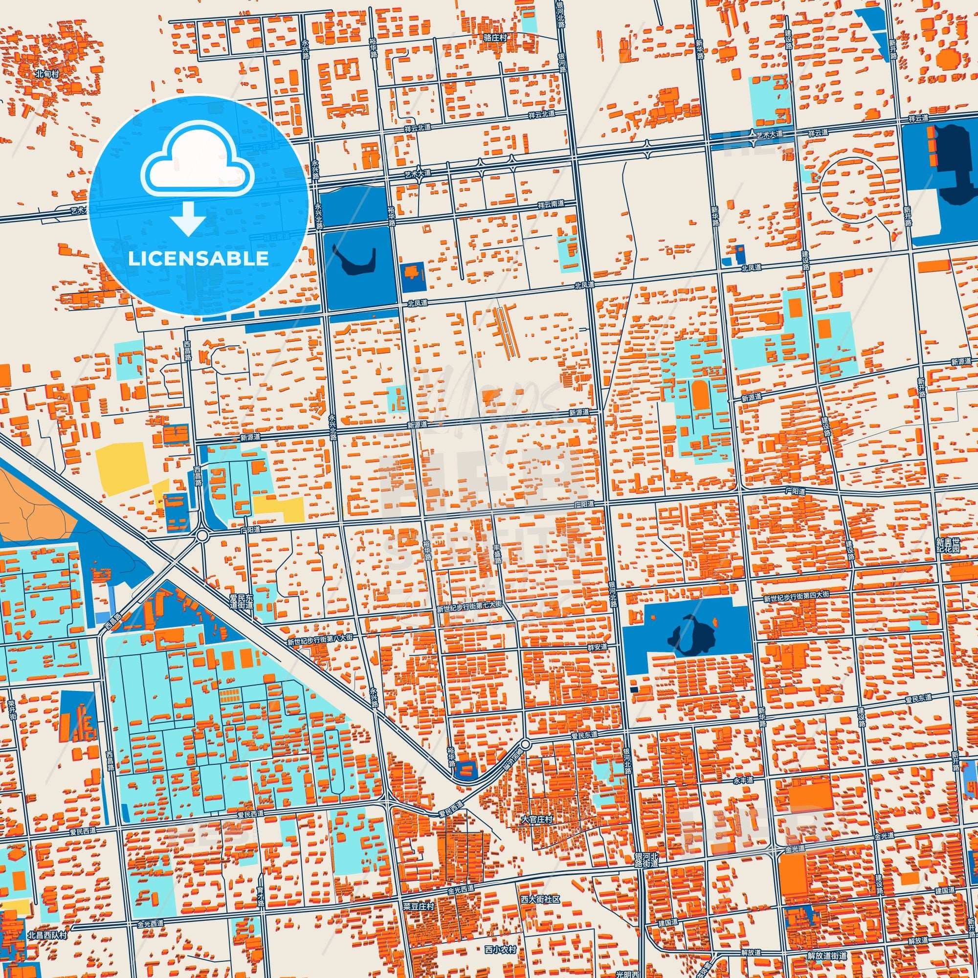 Colorful Langfang Street Map With Labels And Buildings – HEBSTREITS
