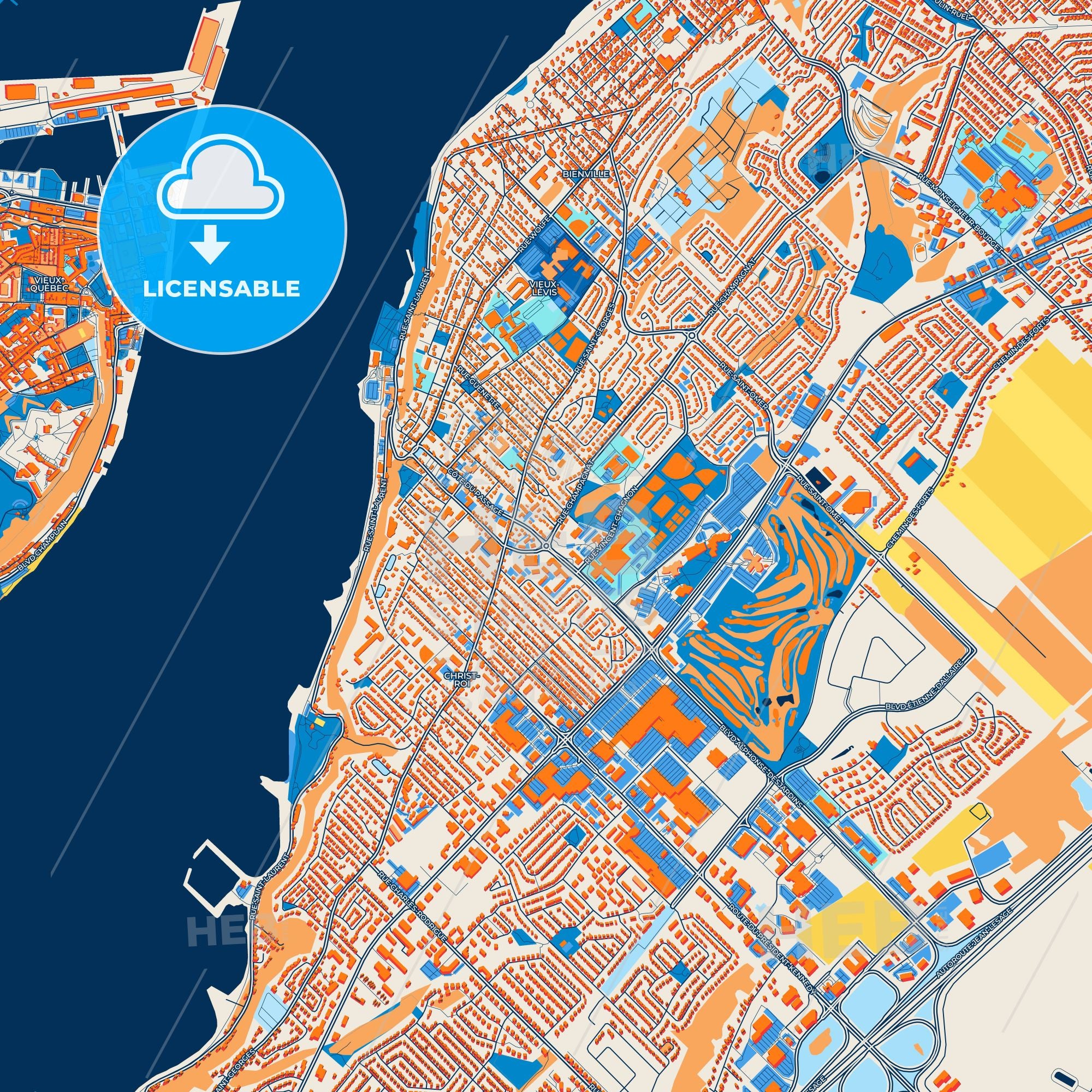 Colorful Lévis Street Map With Labels And Buildings – HEBSTREITS