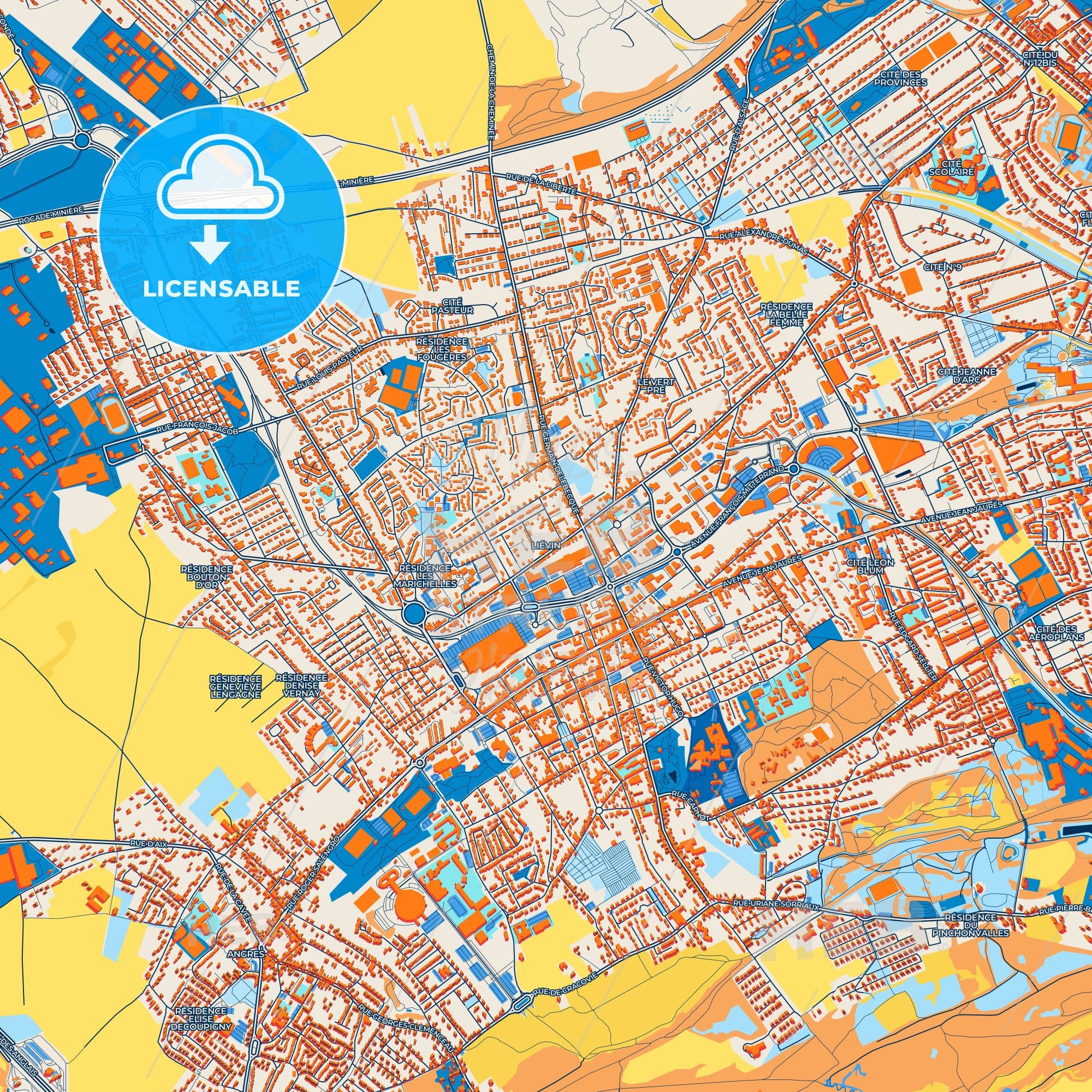Colorful Liévin Street Map With Labels And Buildings – HEBSTREITS