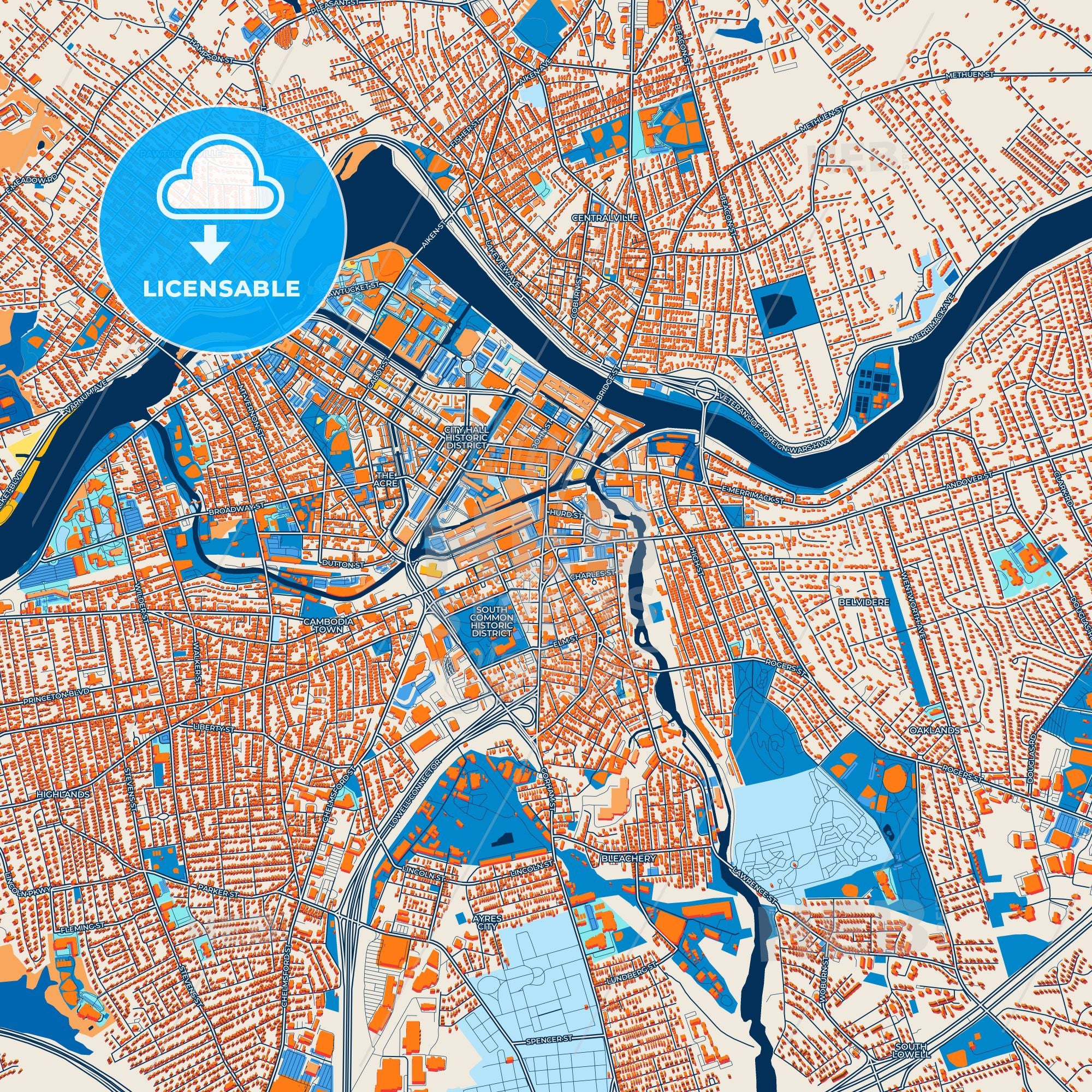 Colorful Lowell Street Map With Labels And Buildings – HEBSTREITS