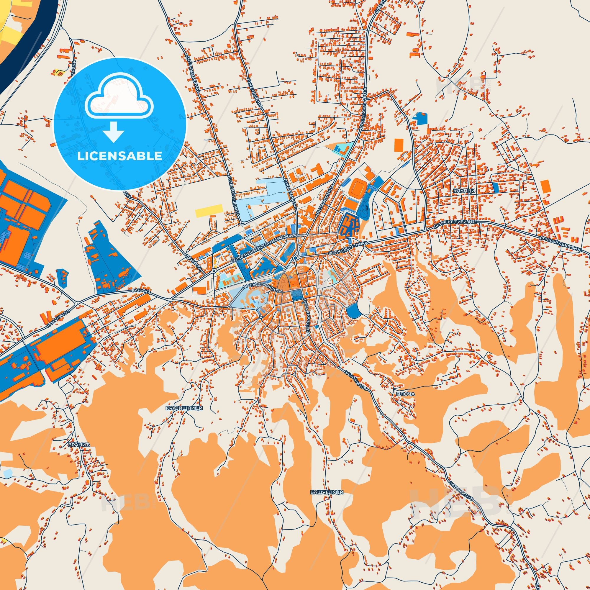Colorful Loznica Street Map With Labels And Buildings – HEBSTREITS