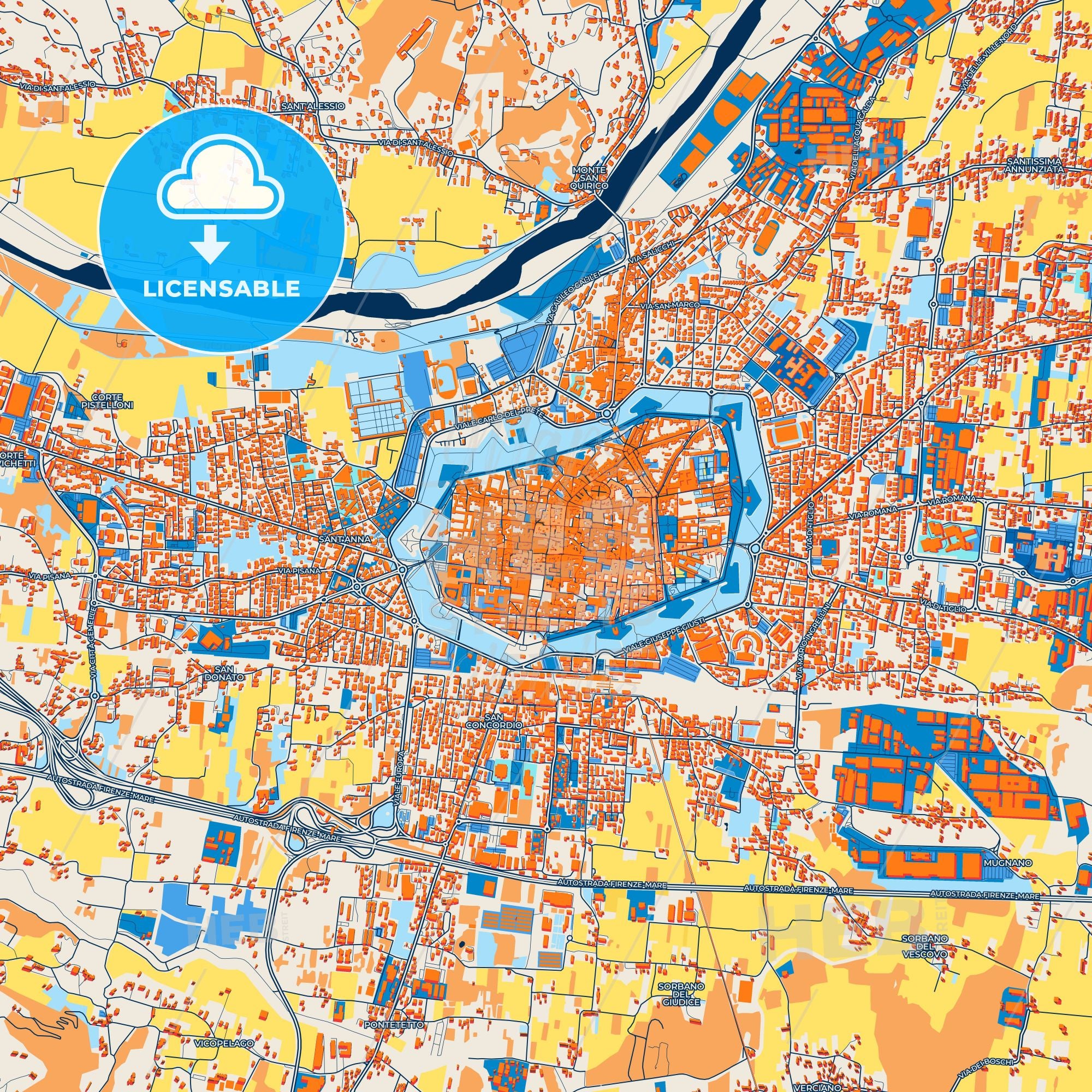 Colorful Lucca Street Map With Labels And Buildings – HEBSTREITS