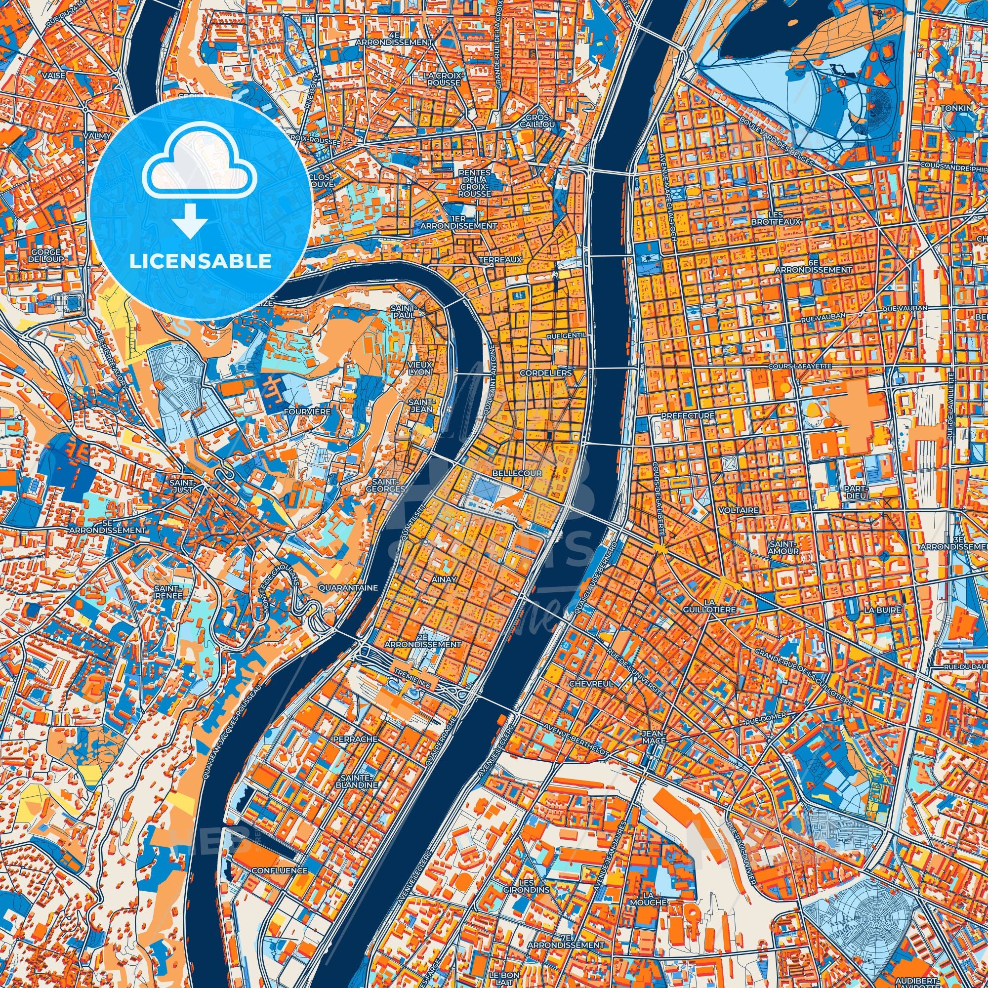 Colorful Lyon Street Map With Labels And Buildings – HEBSTREITS