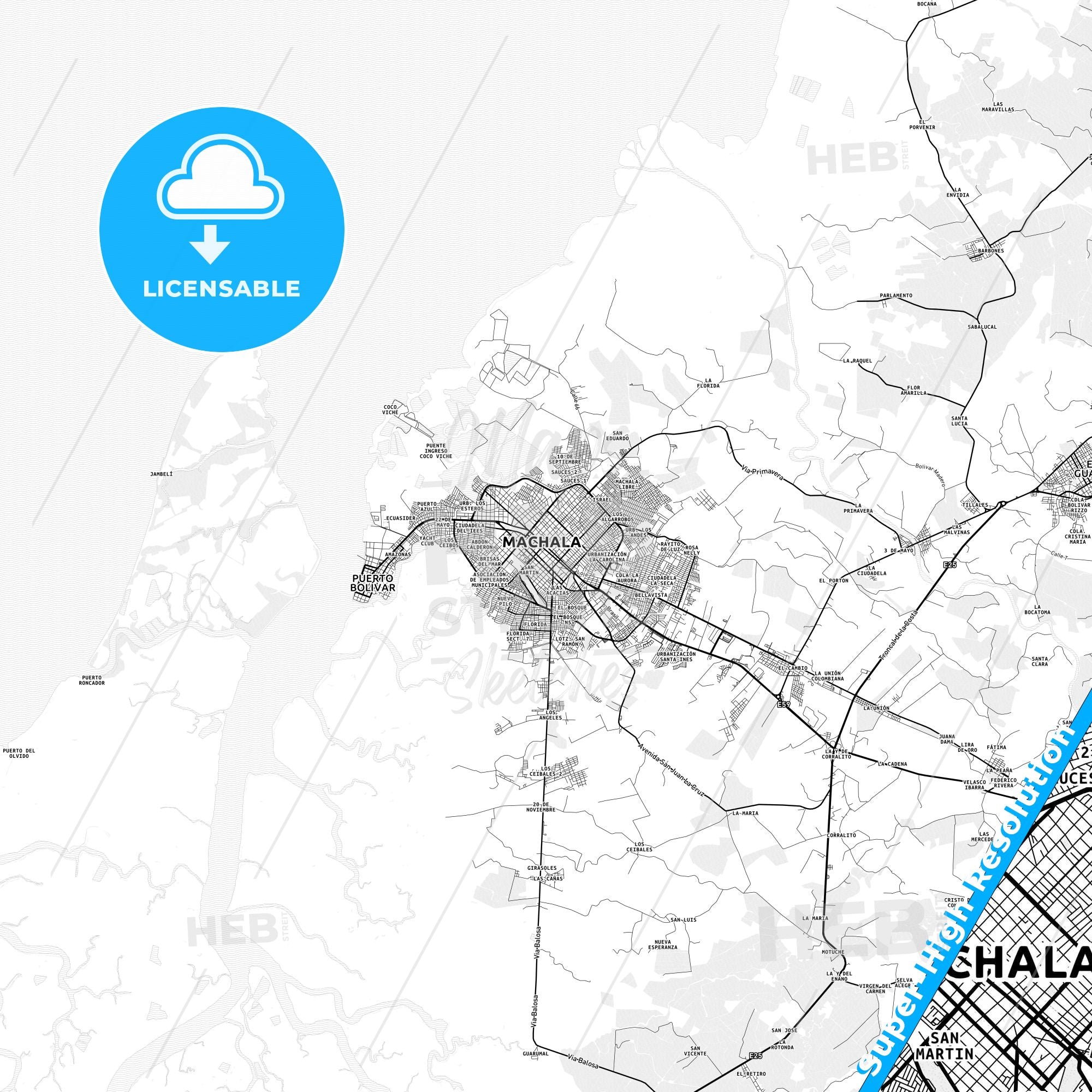 Machala, Ecuador light map with streetnames, citynames and districts ...