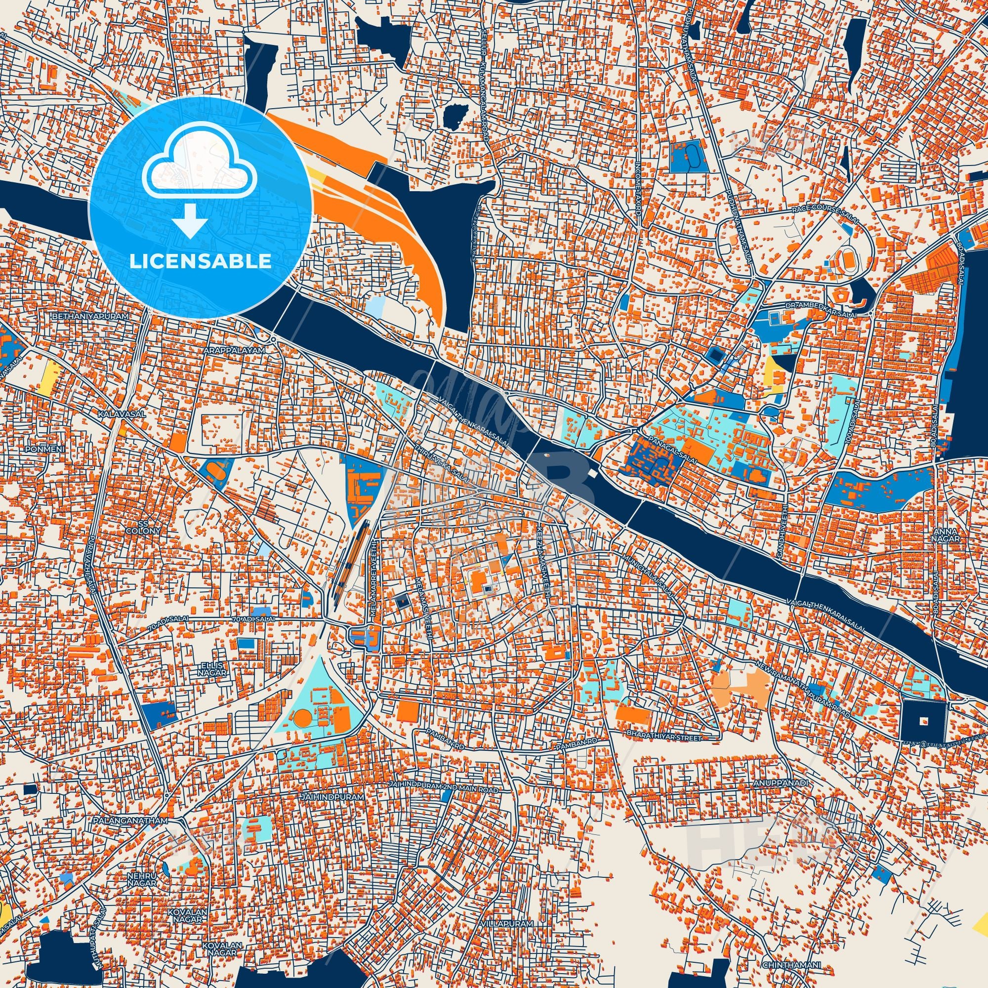 Colorful Madurai Street Map With Labels And Buildings – HEBSTREITS