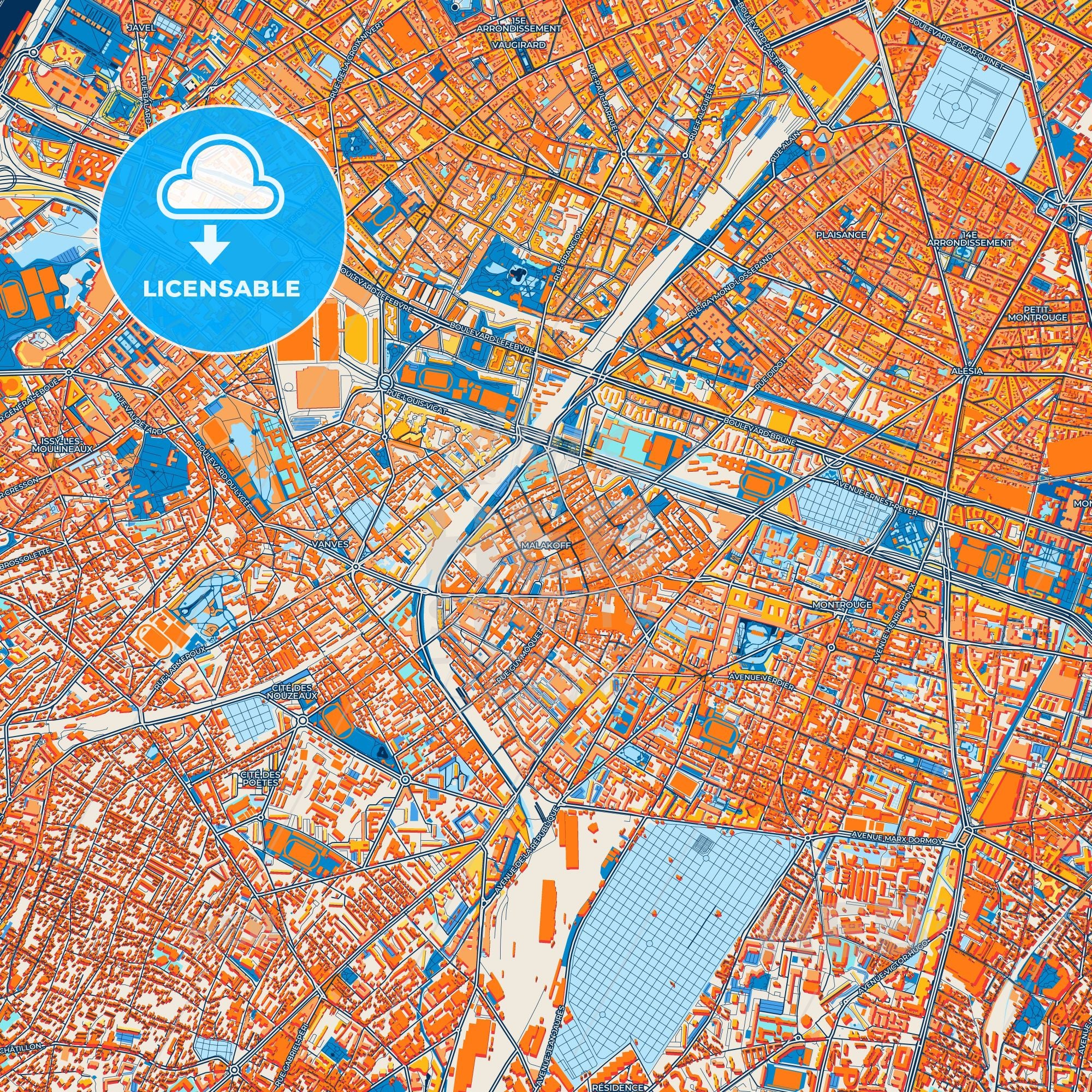 Colorful Malakoff Street Map With Labels And Buildings – HEBSTREITS