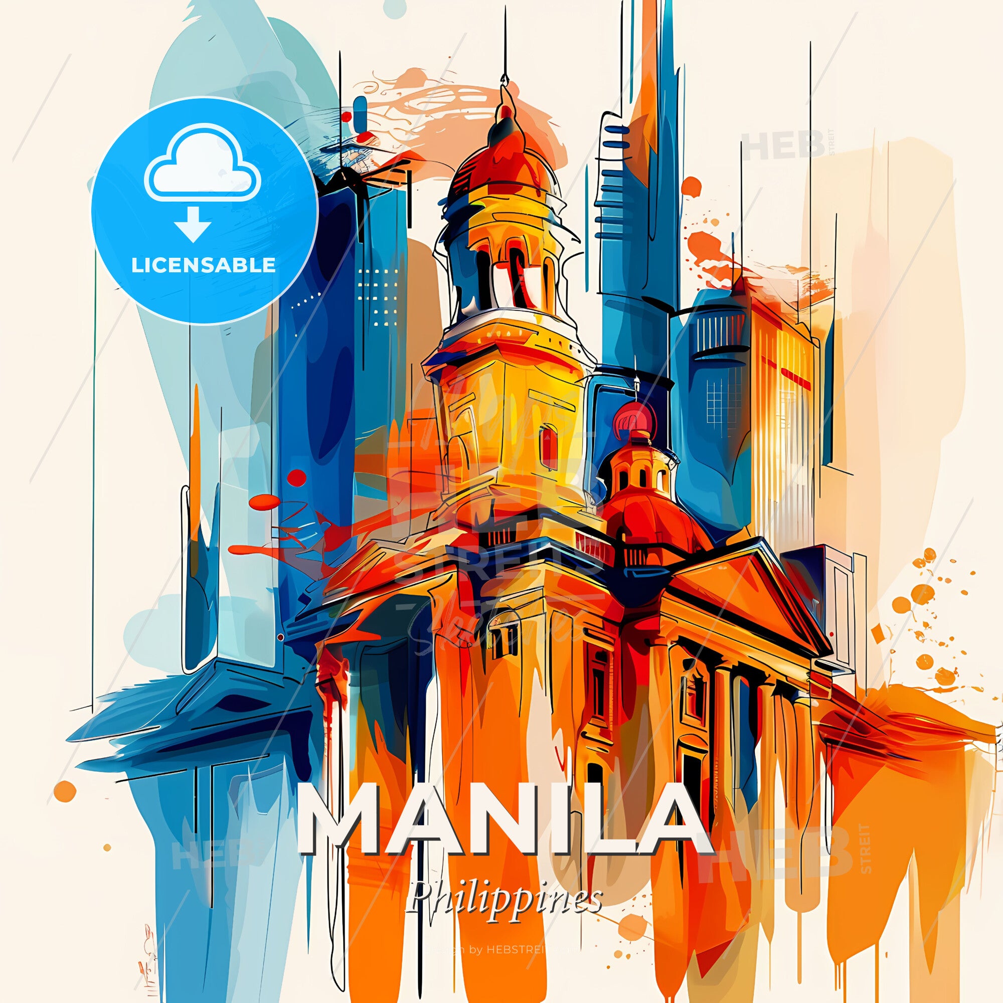 Vibrant Manila, Philippines - A Painting Of A Building With A Tower And ...