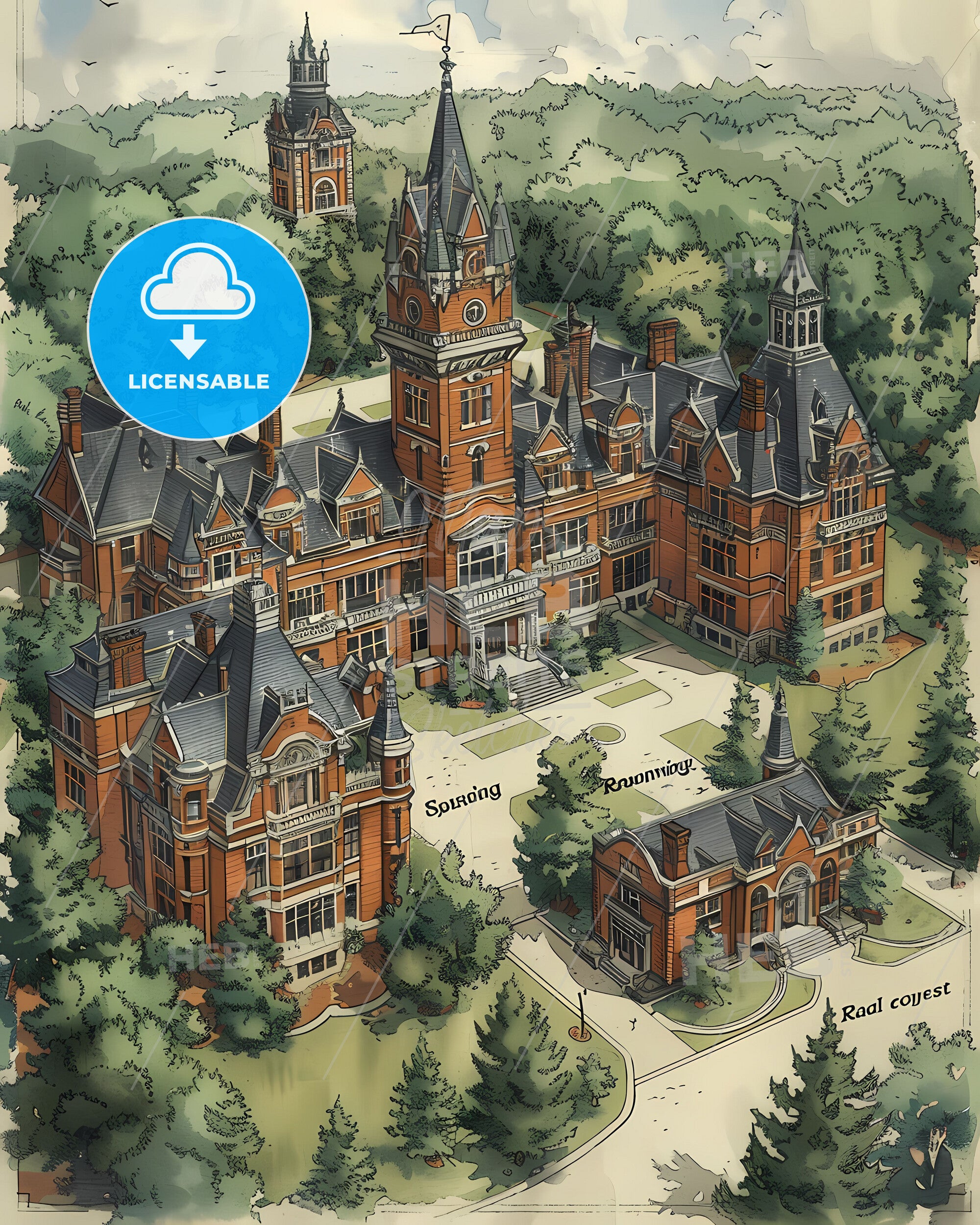 Fantasy School Map Painting, Ravenwing Castle Building, Surrounding ...