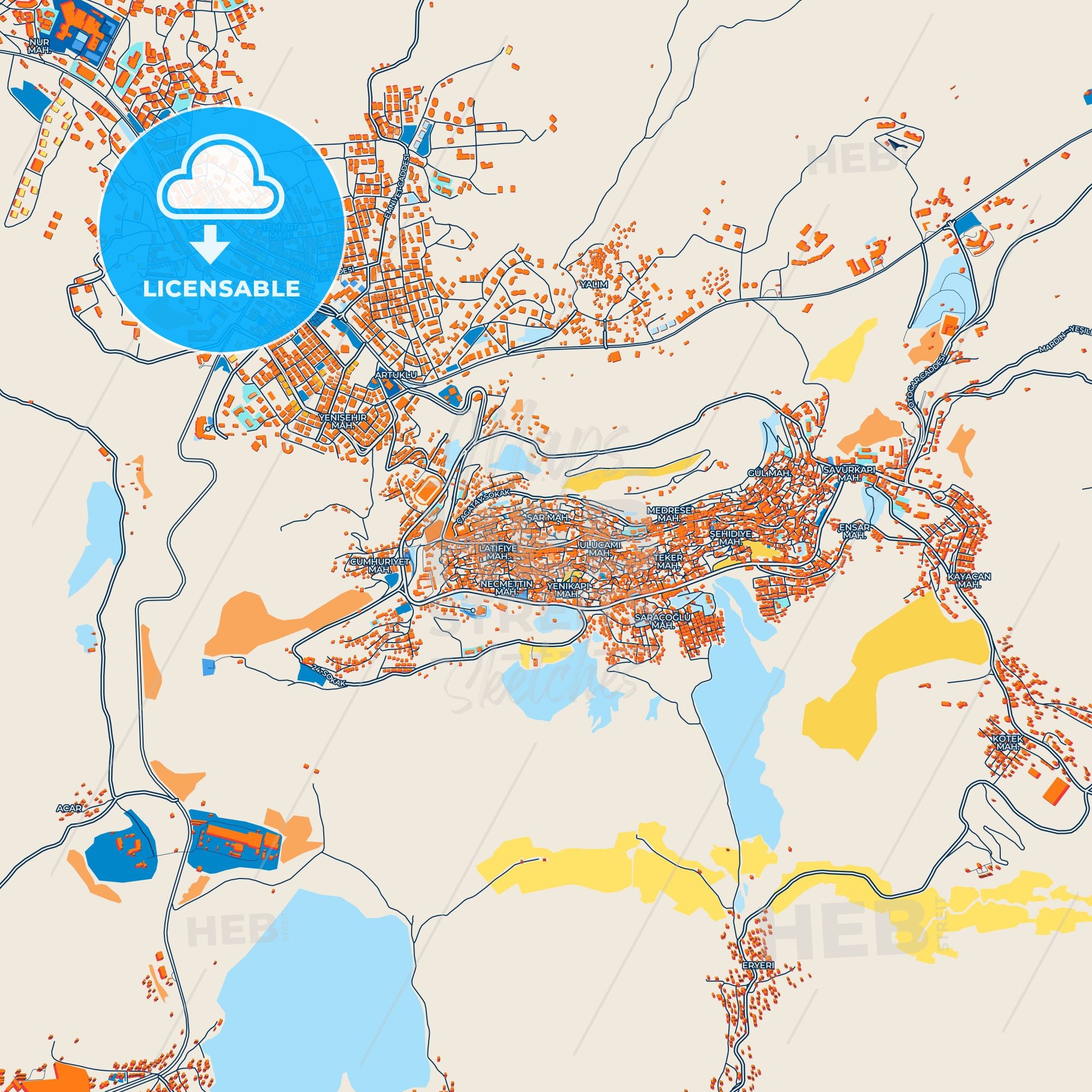 Colorful Mardin Street Map With Labels And Buildings – HEBSTREITS