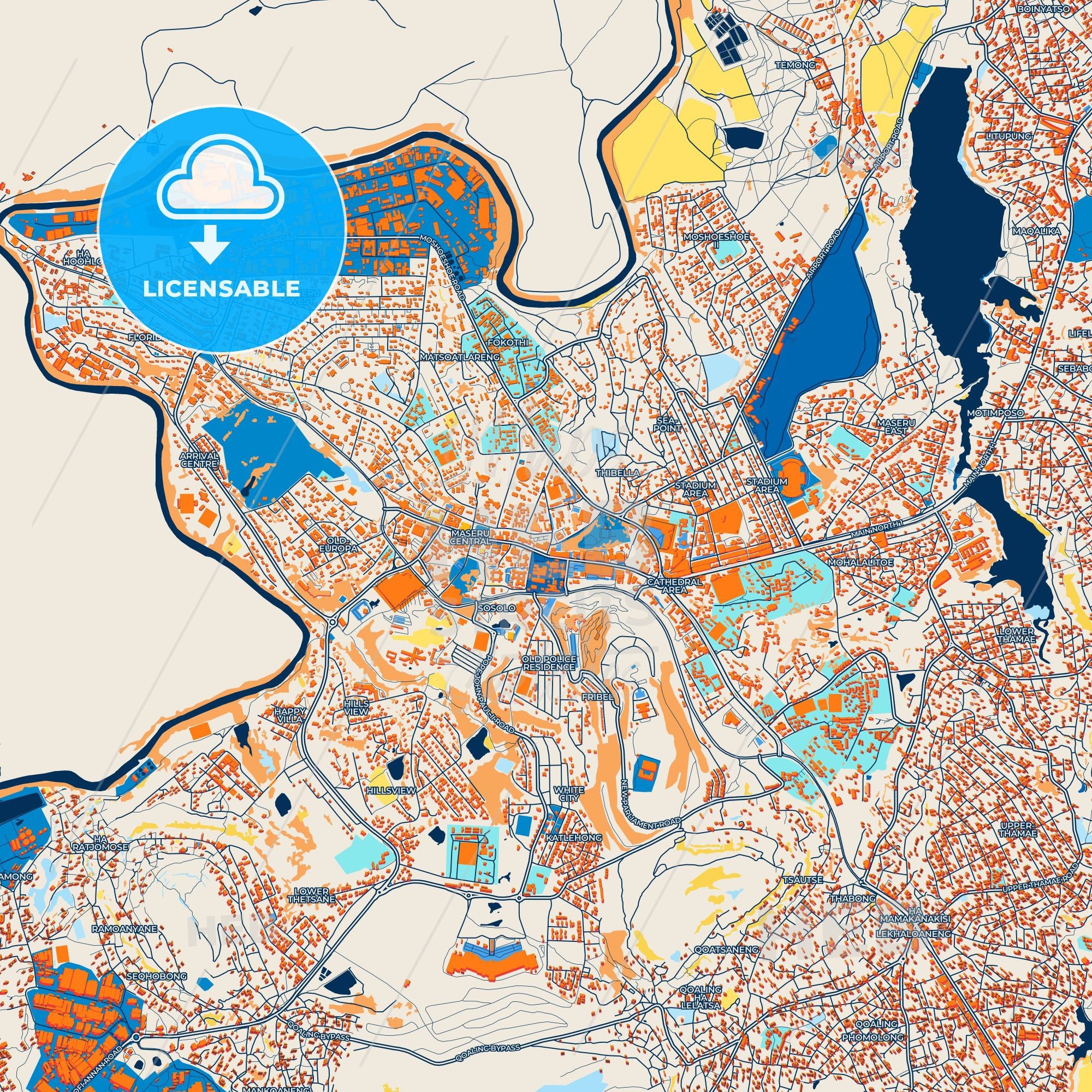 Colorful Maseru Street Map With Labels And Buildings – HEBSTREITS