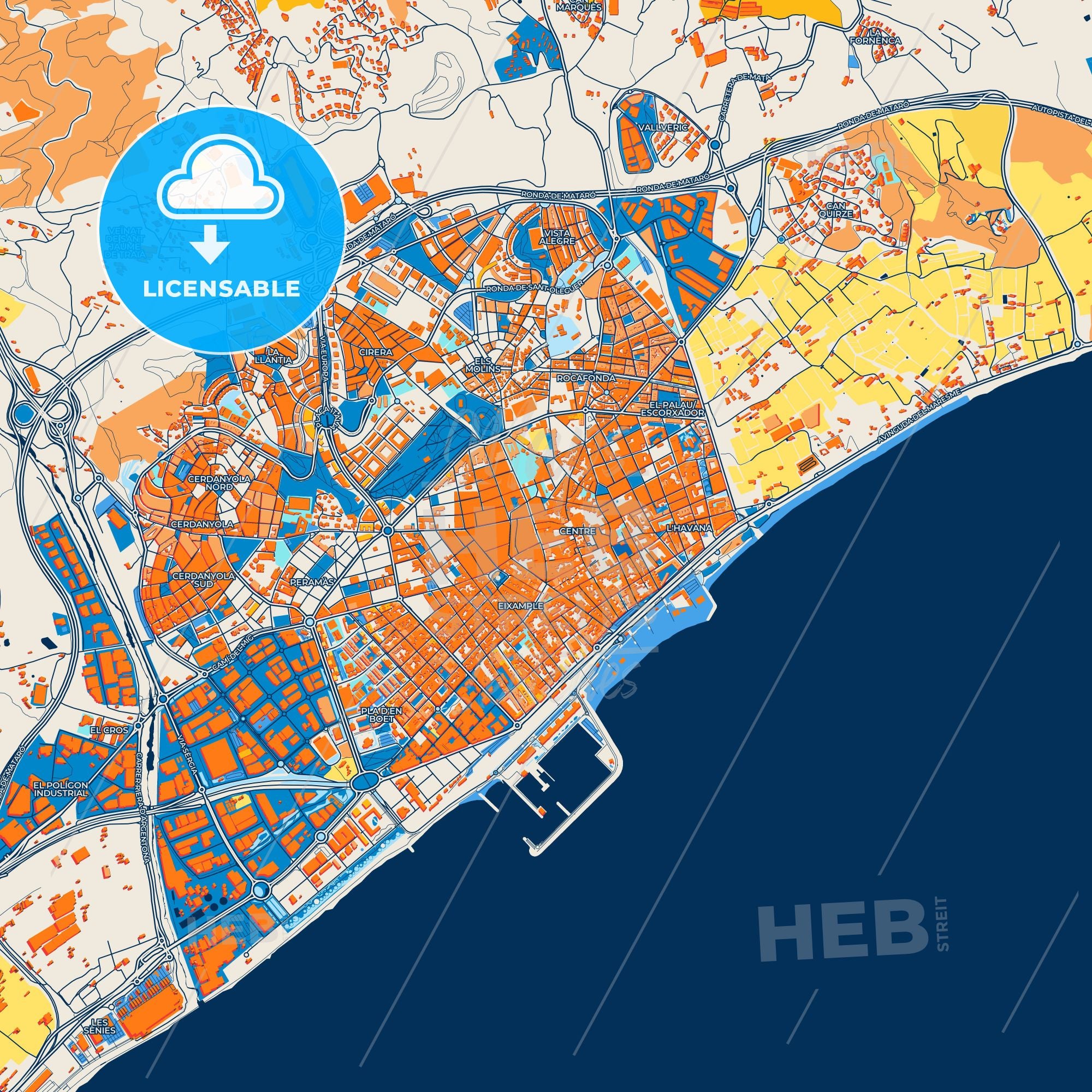 Colorful Mataró Street Map With Labels And Buildings – HEBSTREITS