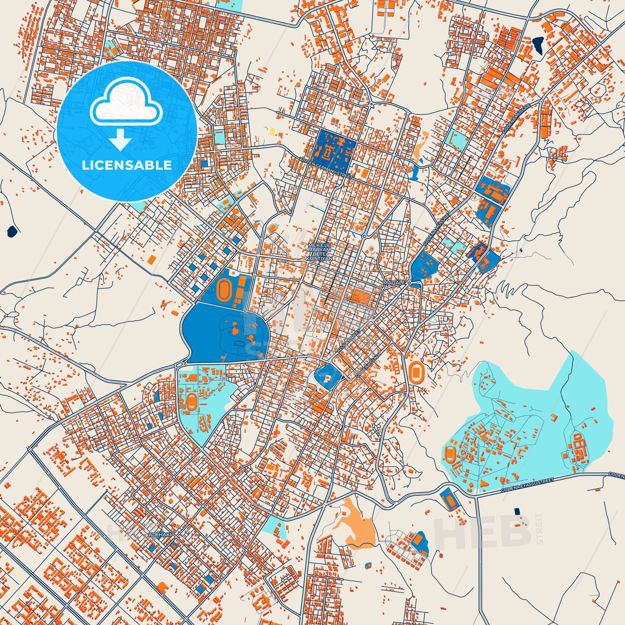 Colorful Mek´Ele Street Map With Labels And Buildings – HEBSTREITS