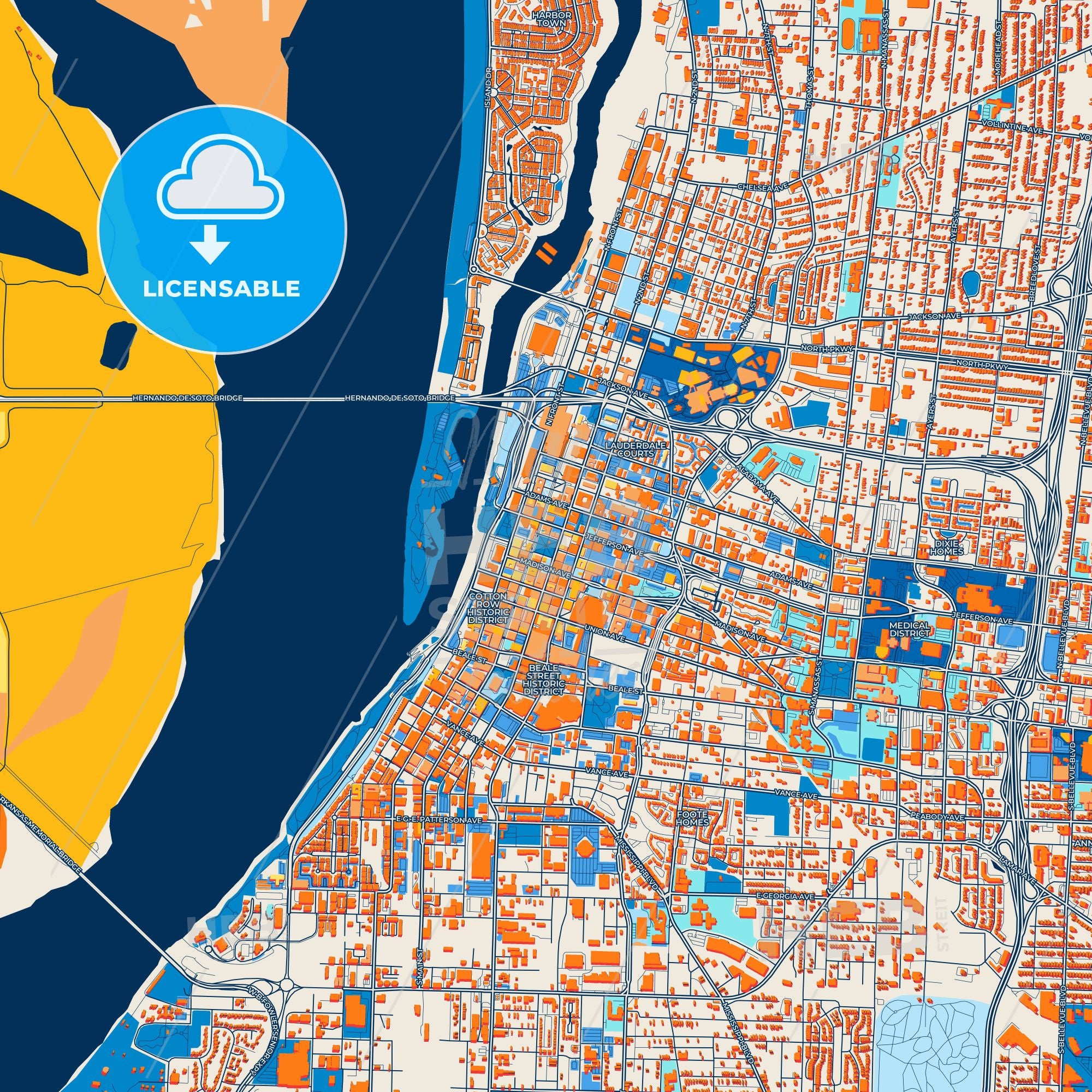 Colorful Memphis Street Map With Labels And Buildings – HEBSTREITS