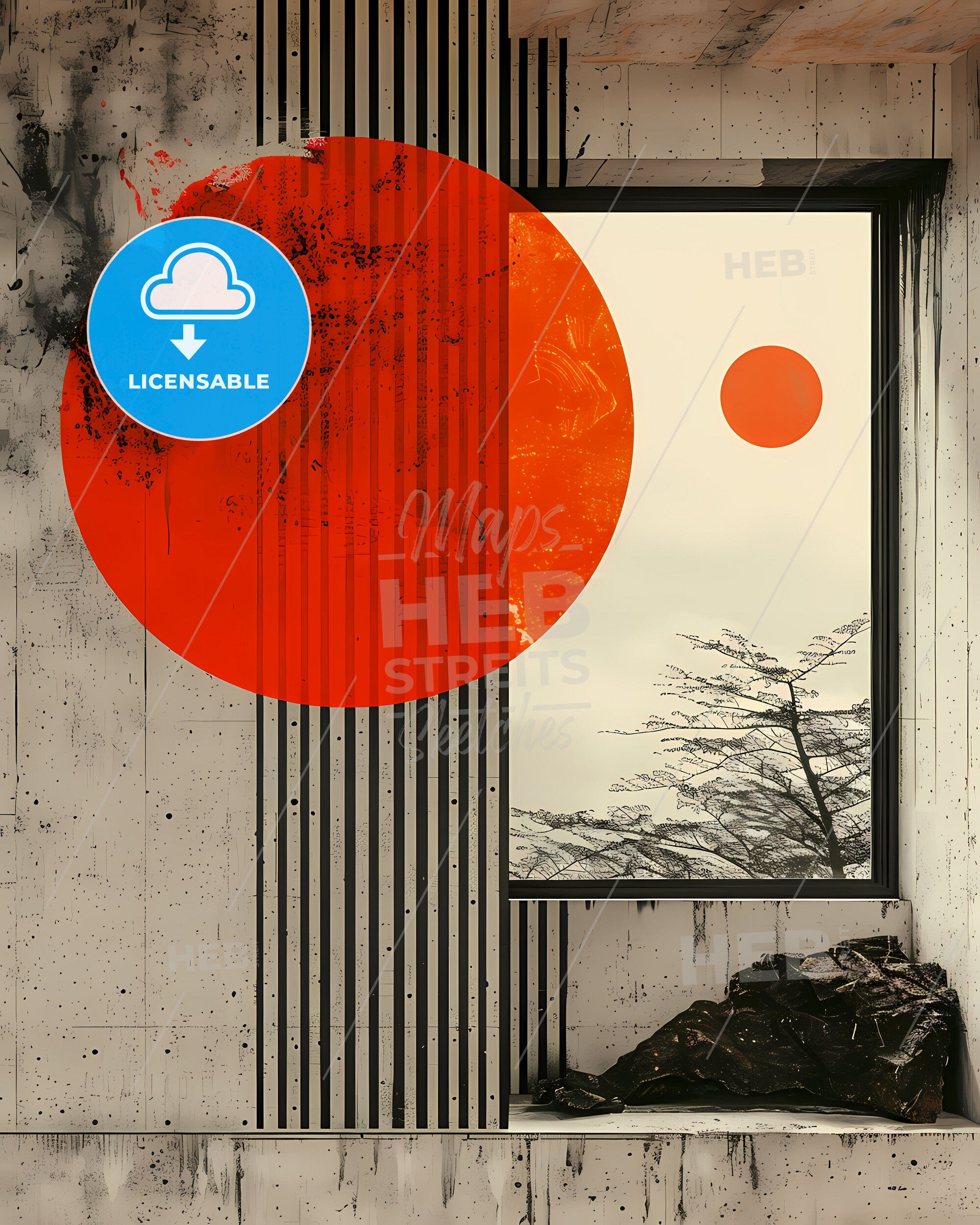 Minimalist Screen Print Art Line Drawing Orange Circle Black White ...