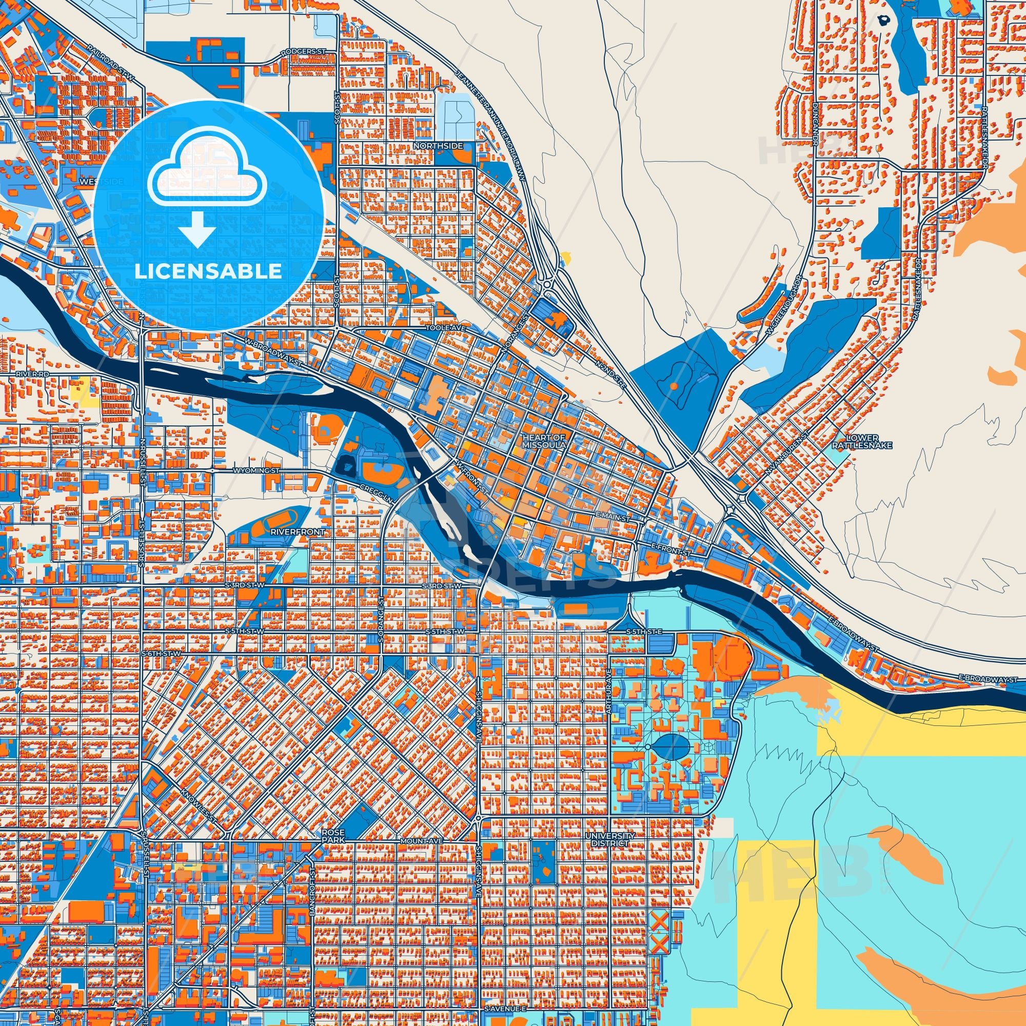 Colorful Missoula Street Map With Labels And Buildings – HEBSTREITS