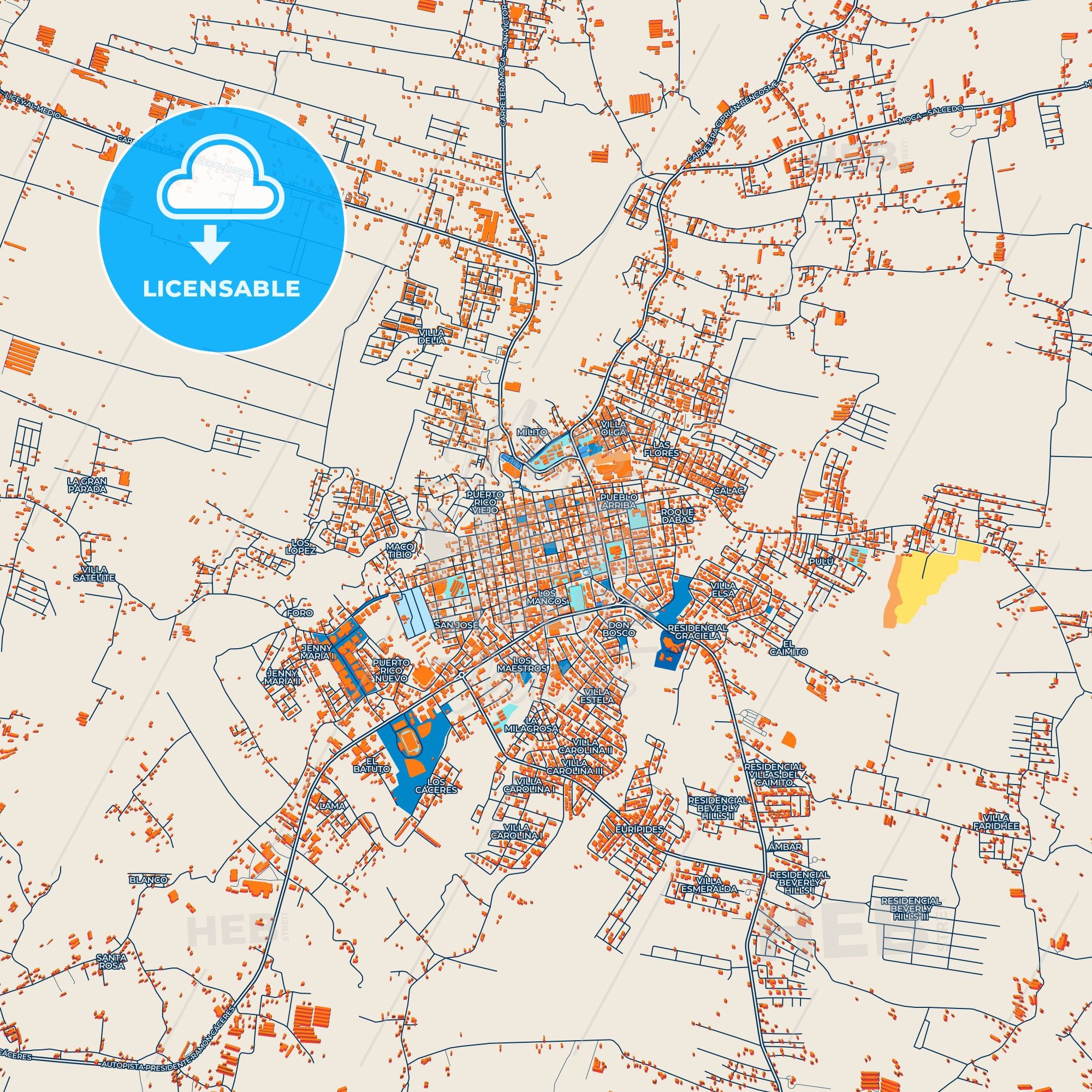 Colorful Moca Street Map With Labels And Buildings – HEBSTREITS
