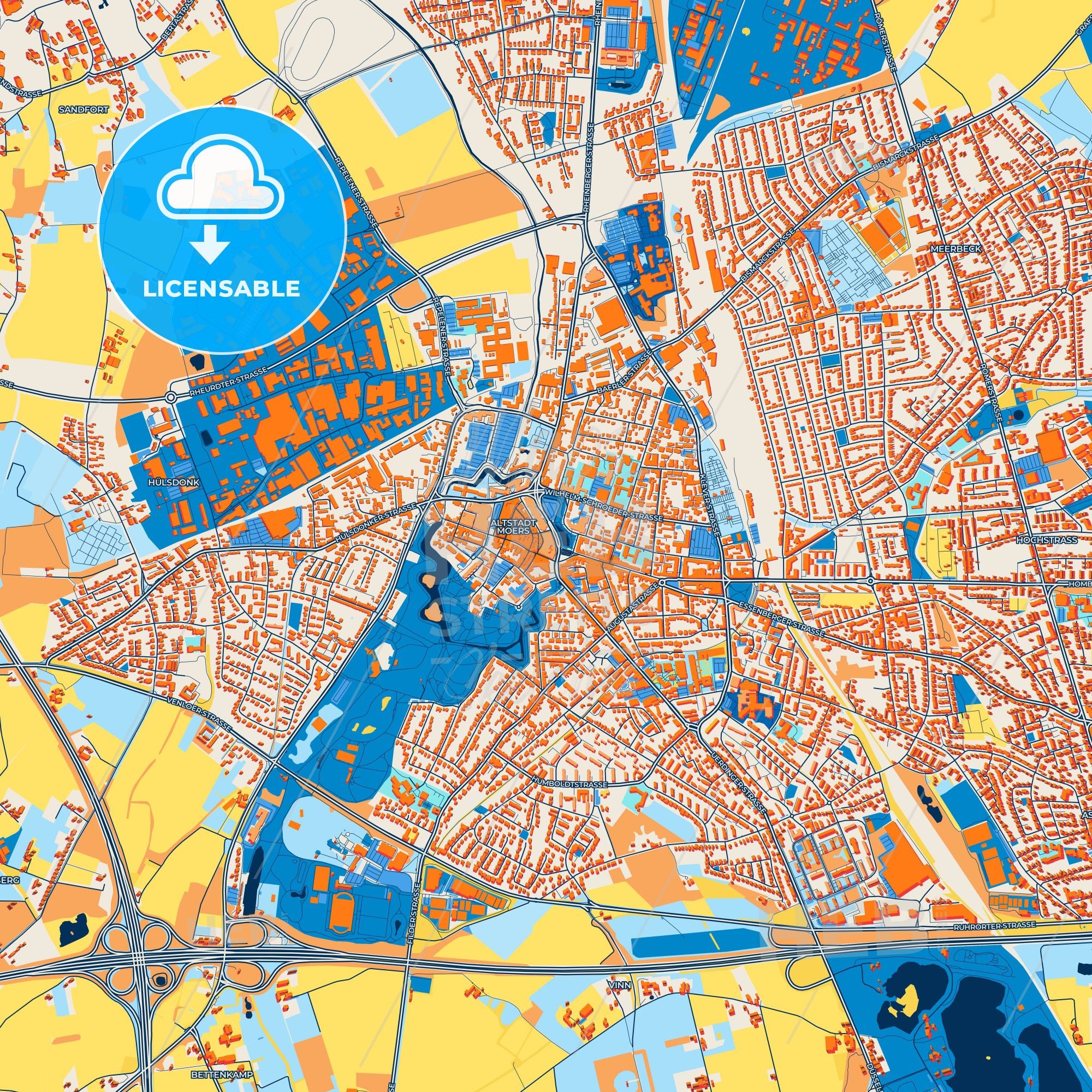 Colorful Moers Street Map With Labels And Buildings – HEBSTREITS