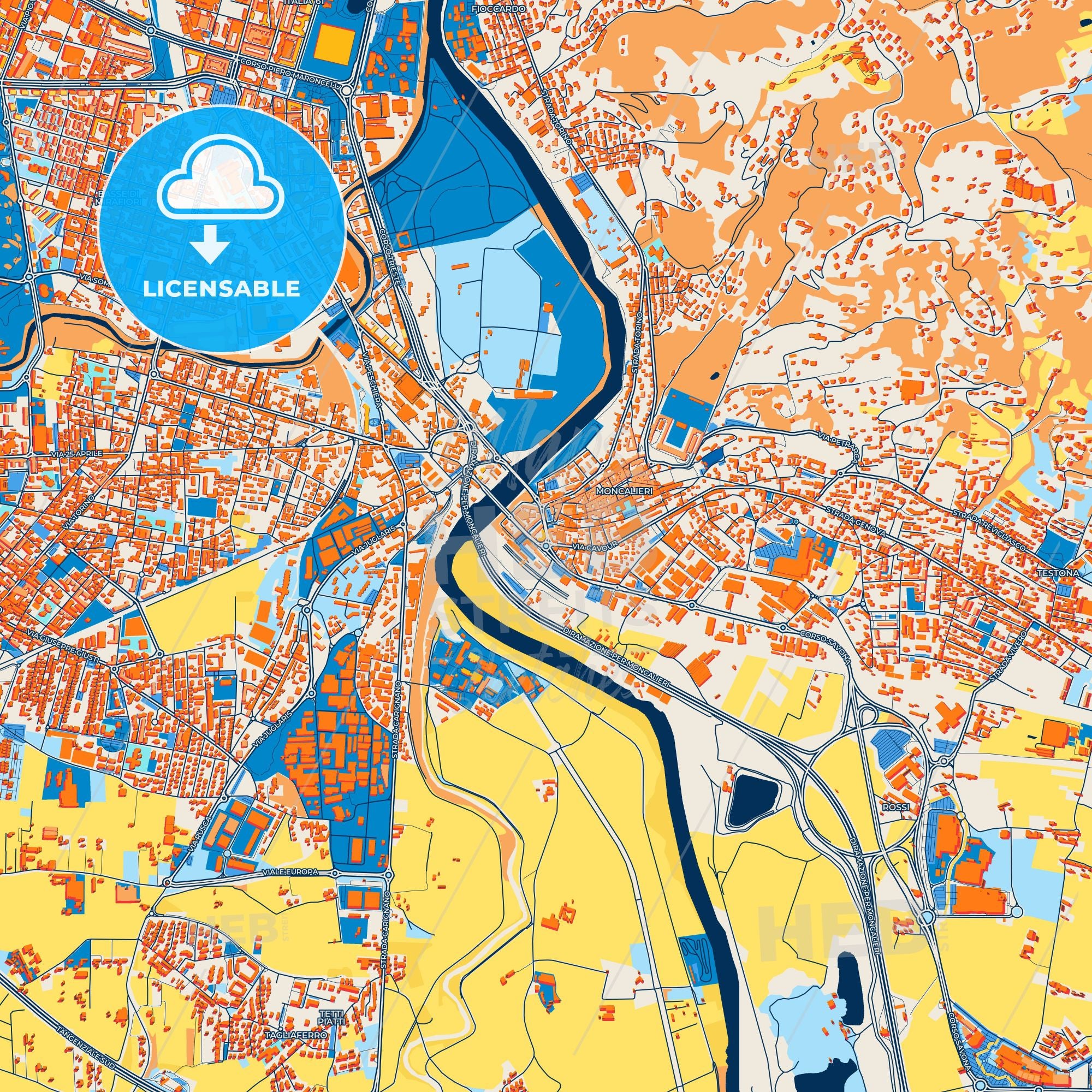 Colorful Moncalieri Street Map With Labels And Buildings – HEBSTREITS
