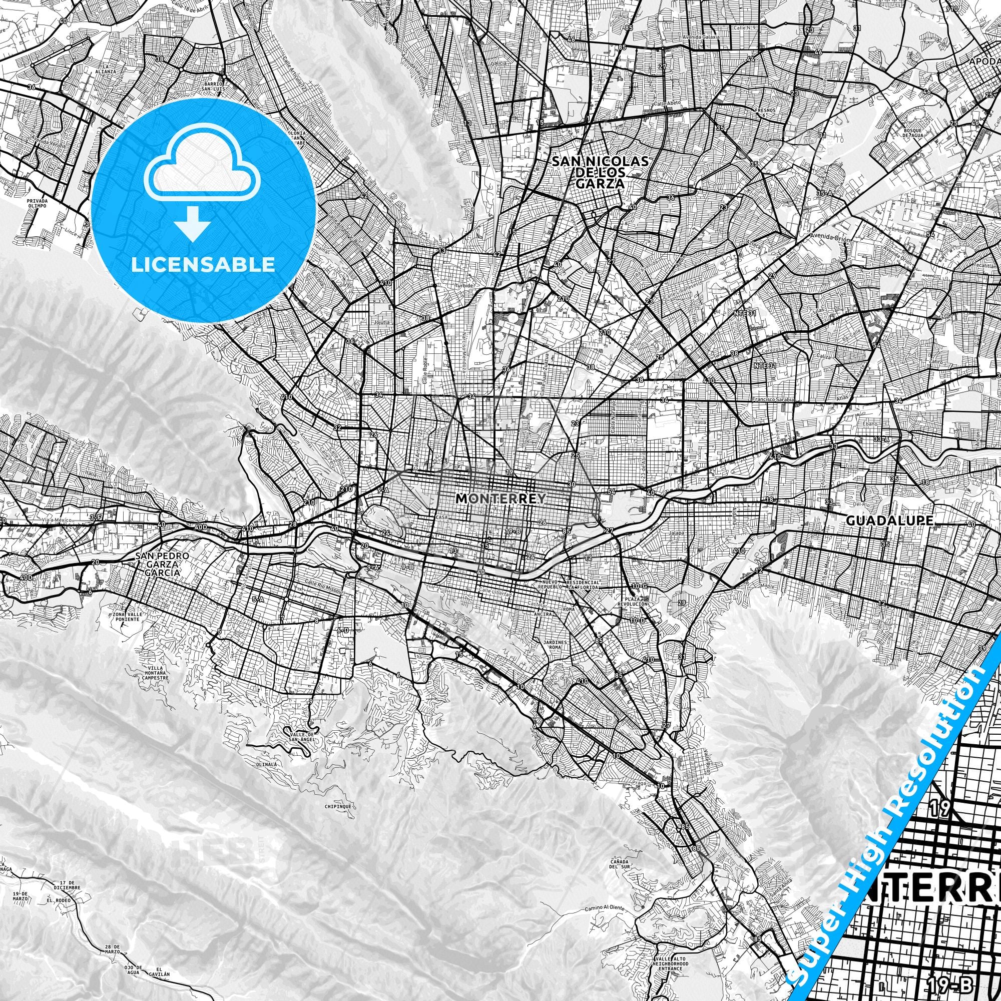 Monterrey, Mexico Light Map With Street Names, City Names, And ...