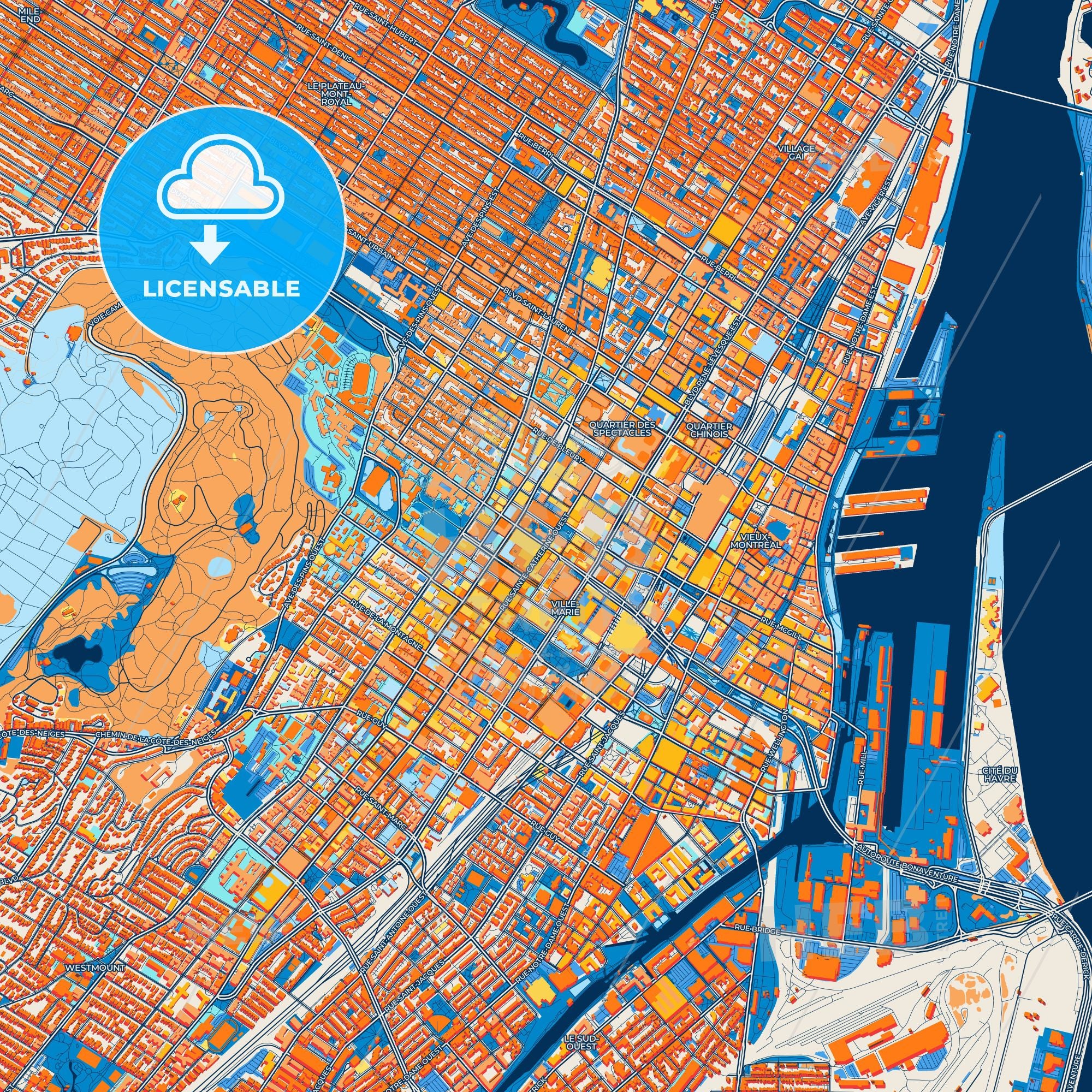 Colorful Montreal Street Map With Labels And Buildings – HEBSTREITS