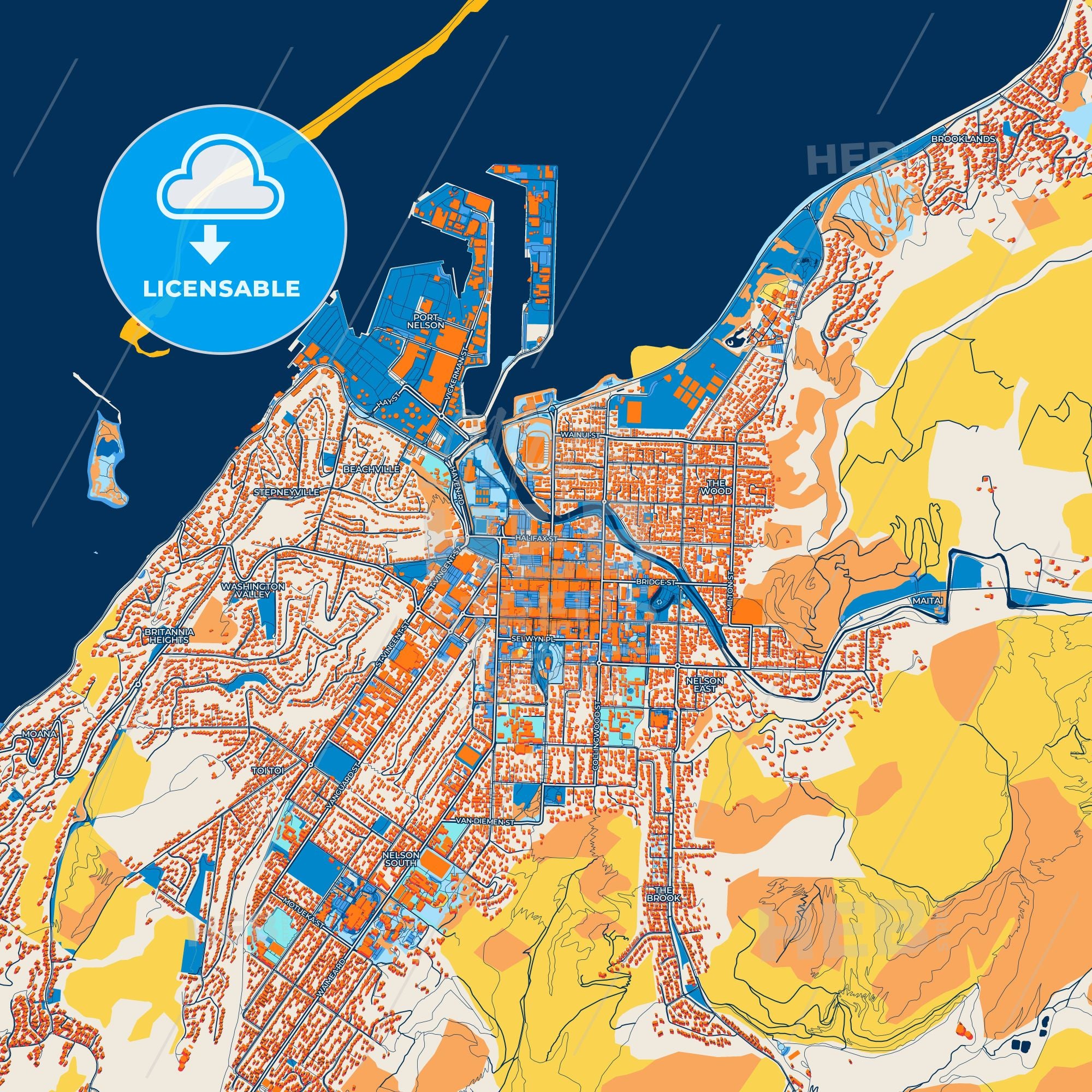Colorful Nelson Street Map With Labels And Buildings – HEBSTREITS