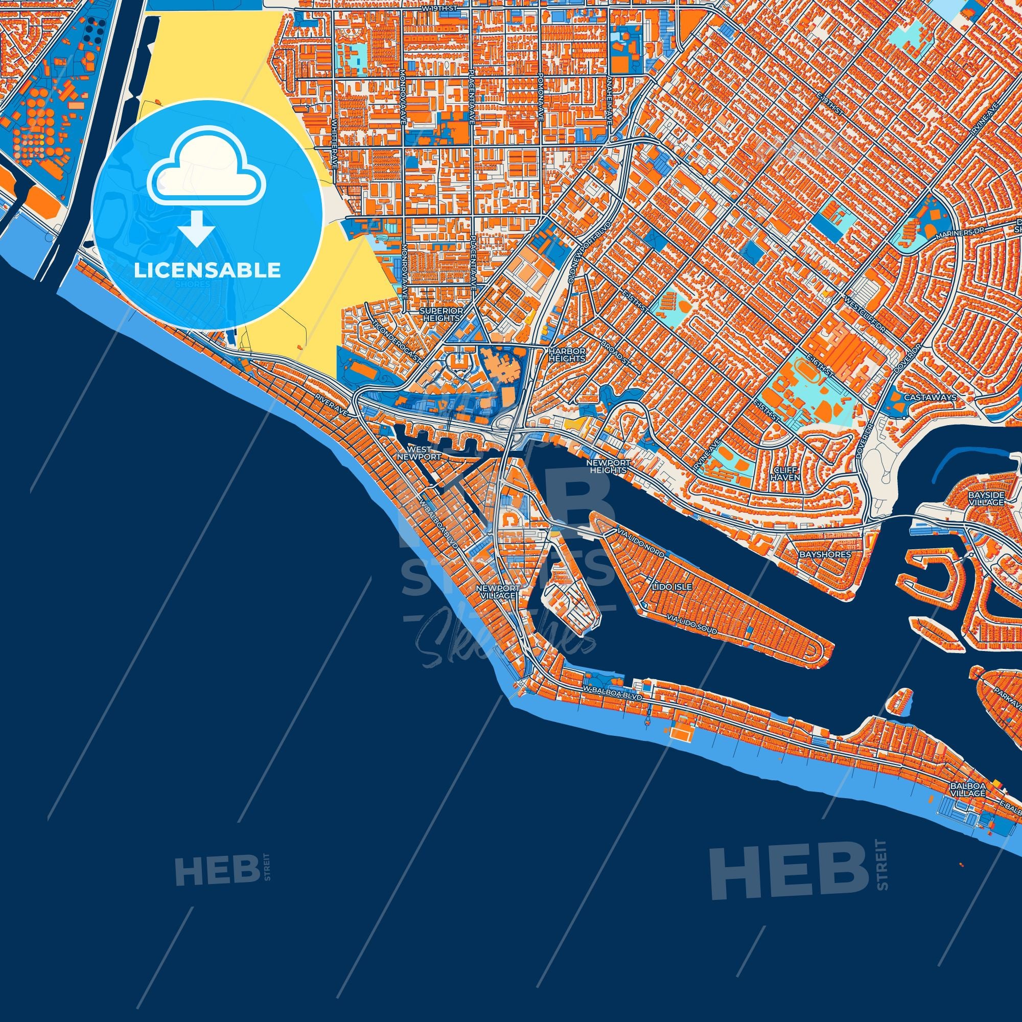 Colorful Newport Beach Street Map With Labels And Buildings – HEBSTREITS