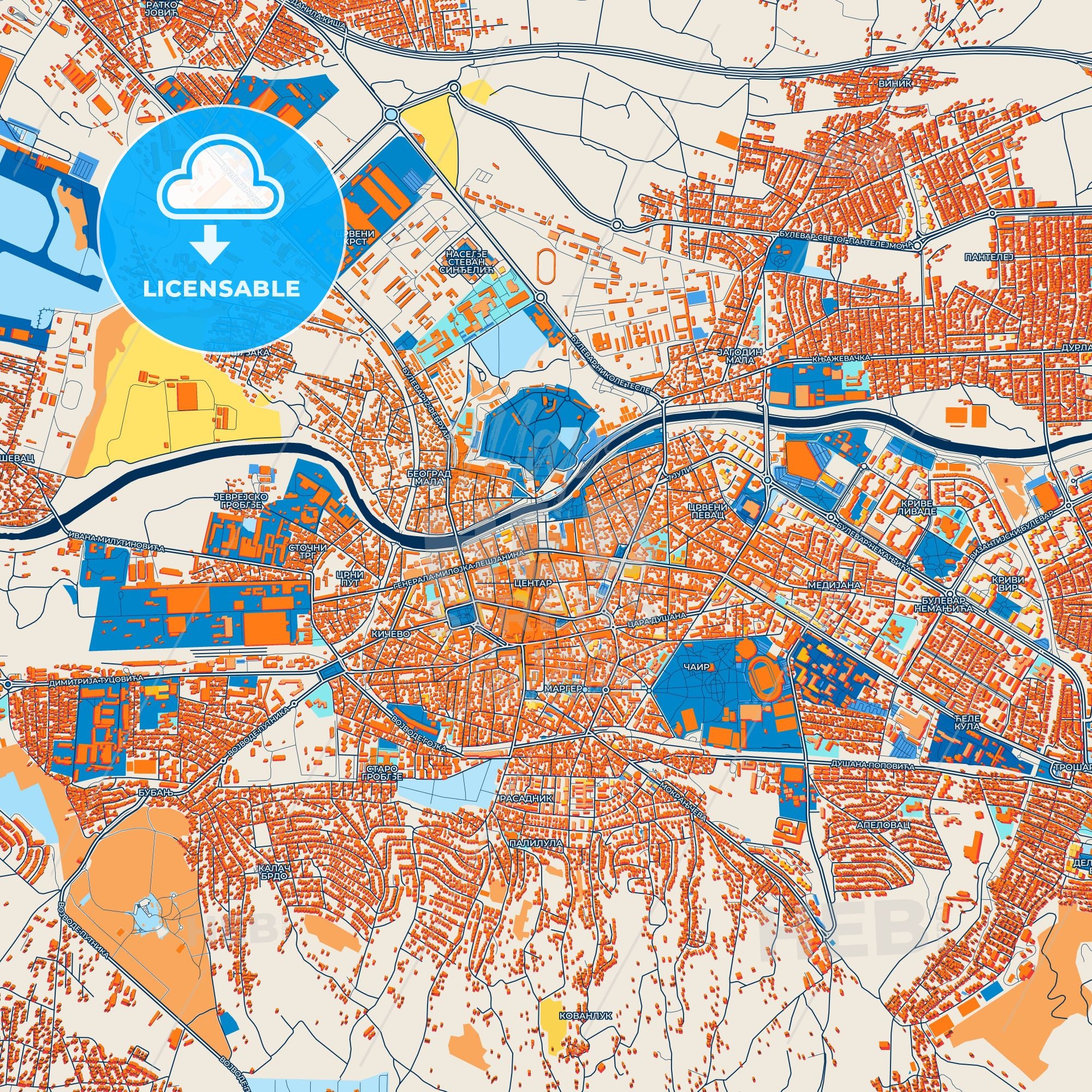 Colorful Niš Street Map With Labels And Buildings – HEBSTREITS