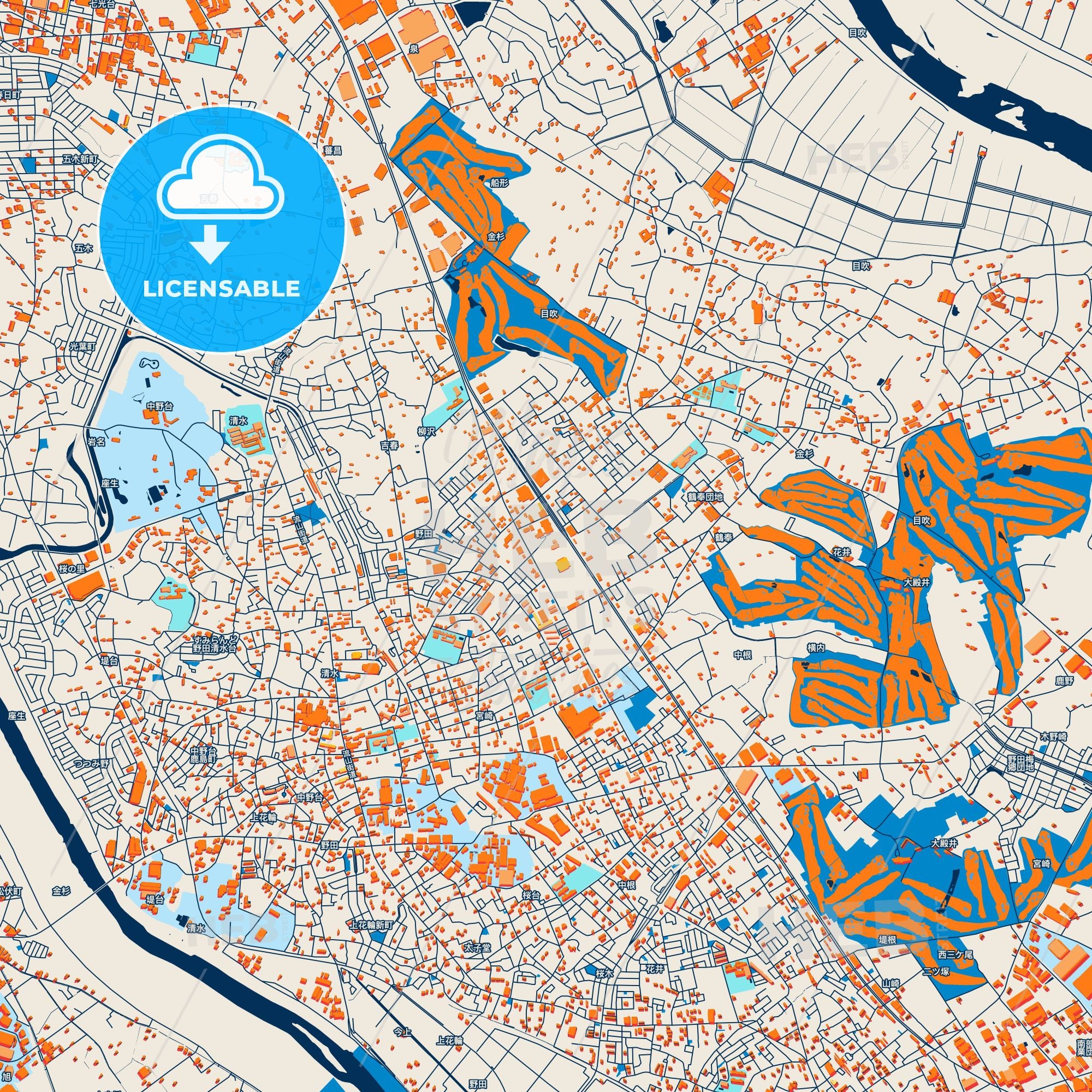Colorful Noda Street Map With Labels And Buildings – HEBSTREITS