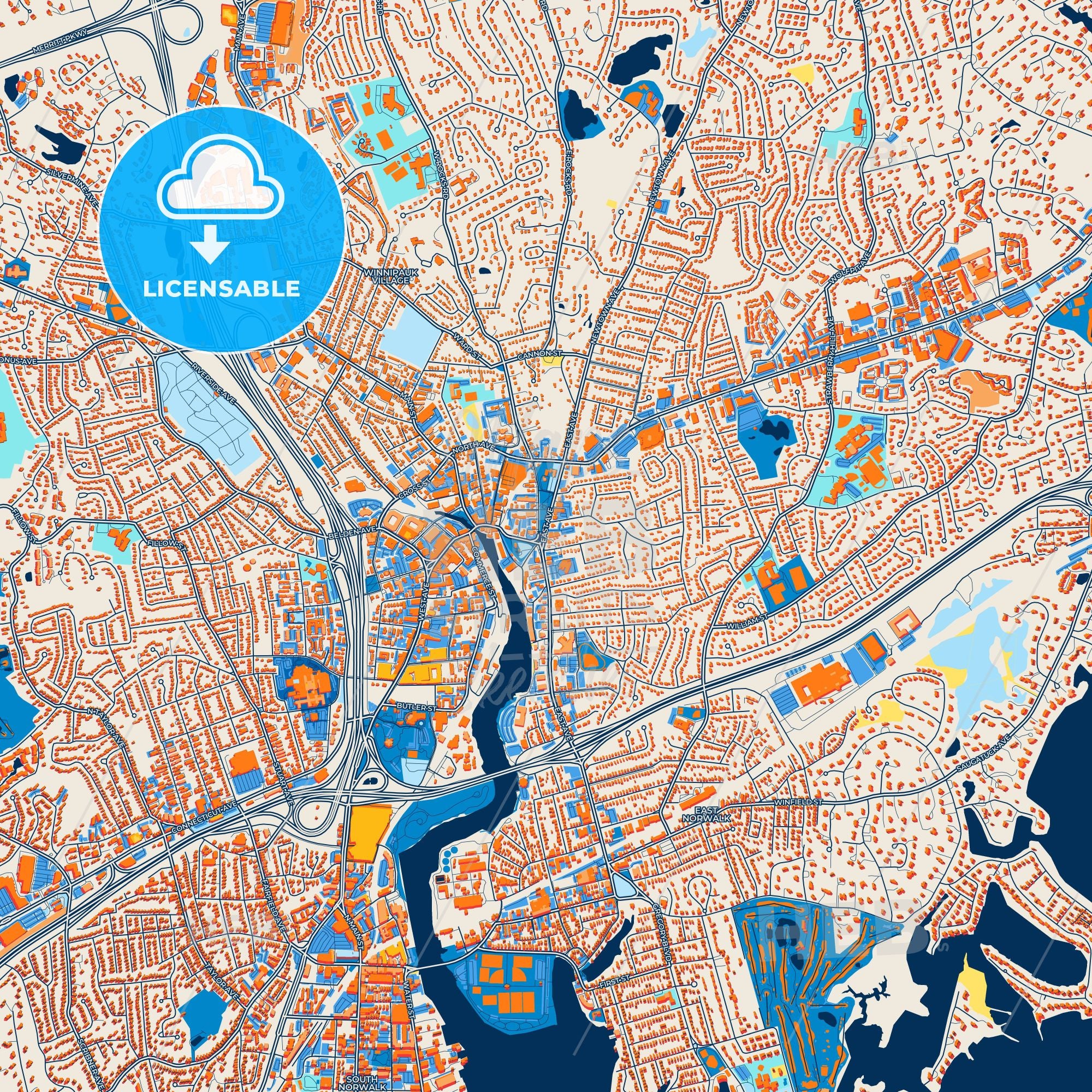 Colorful Norwalk Street Map With Labels And Buildings – HEBSTREITS
