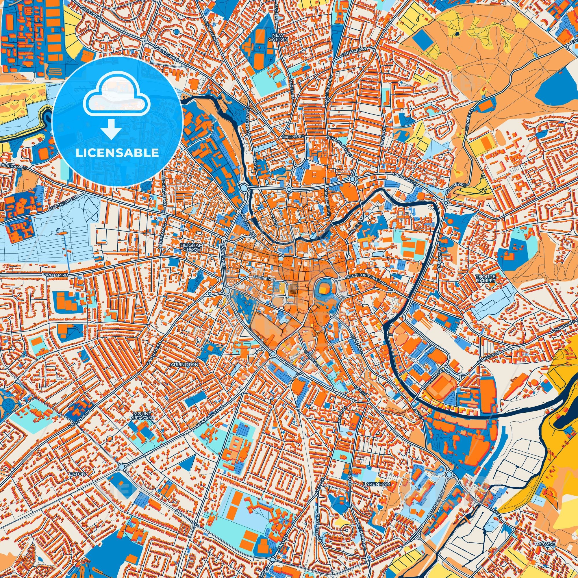 Colorful Norwich Street Map With Labels And Buildings – HEBSTREITS